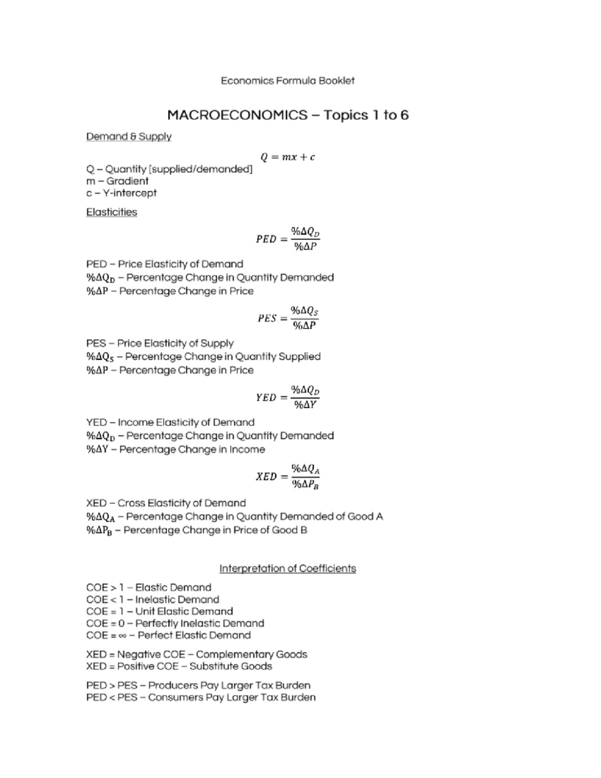 Formulas - Introductory notes - Principles of Economics - Studocu