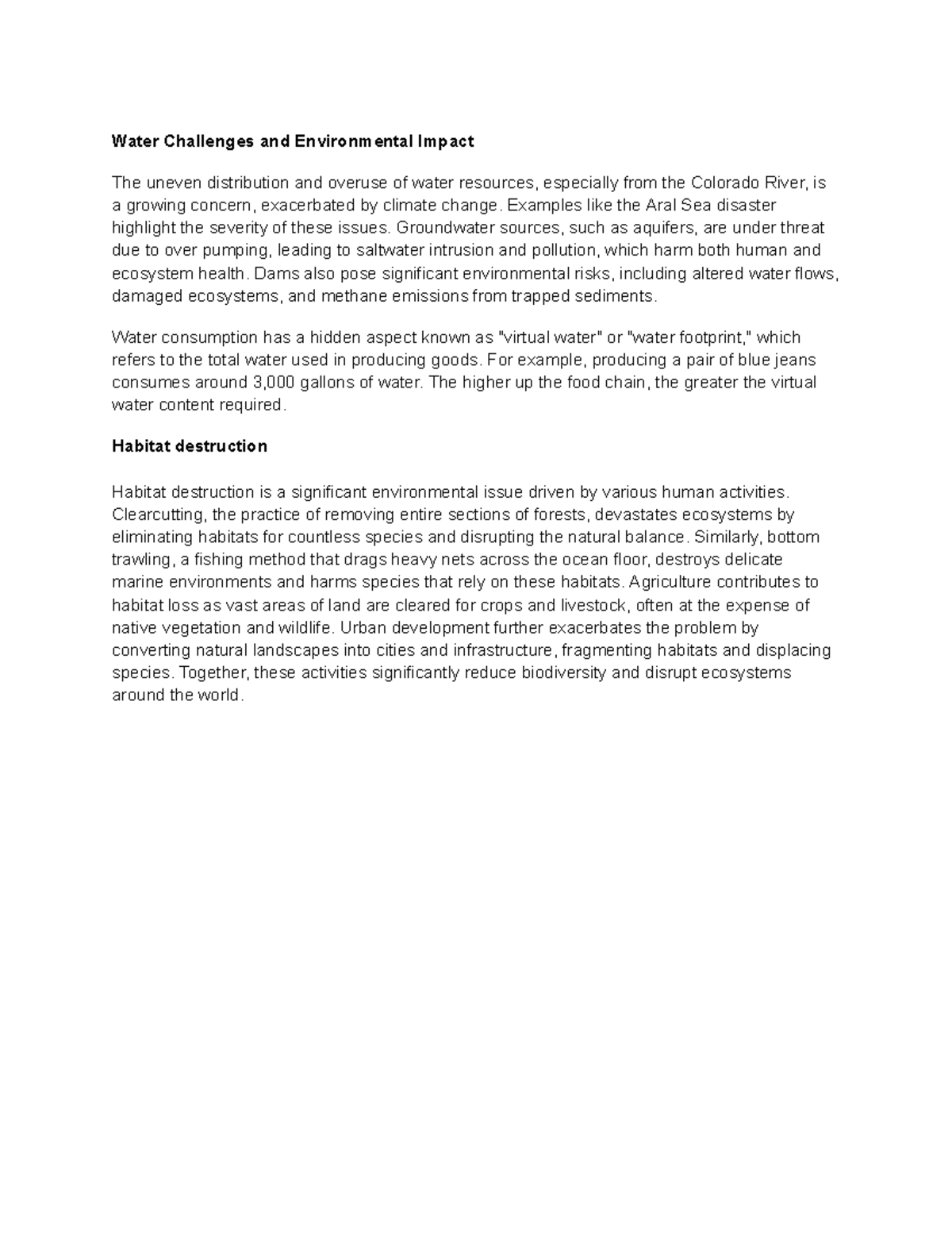 Sustainn - notes on lec - Water Challenges and Environmental Impact The ...