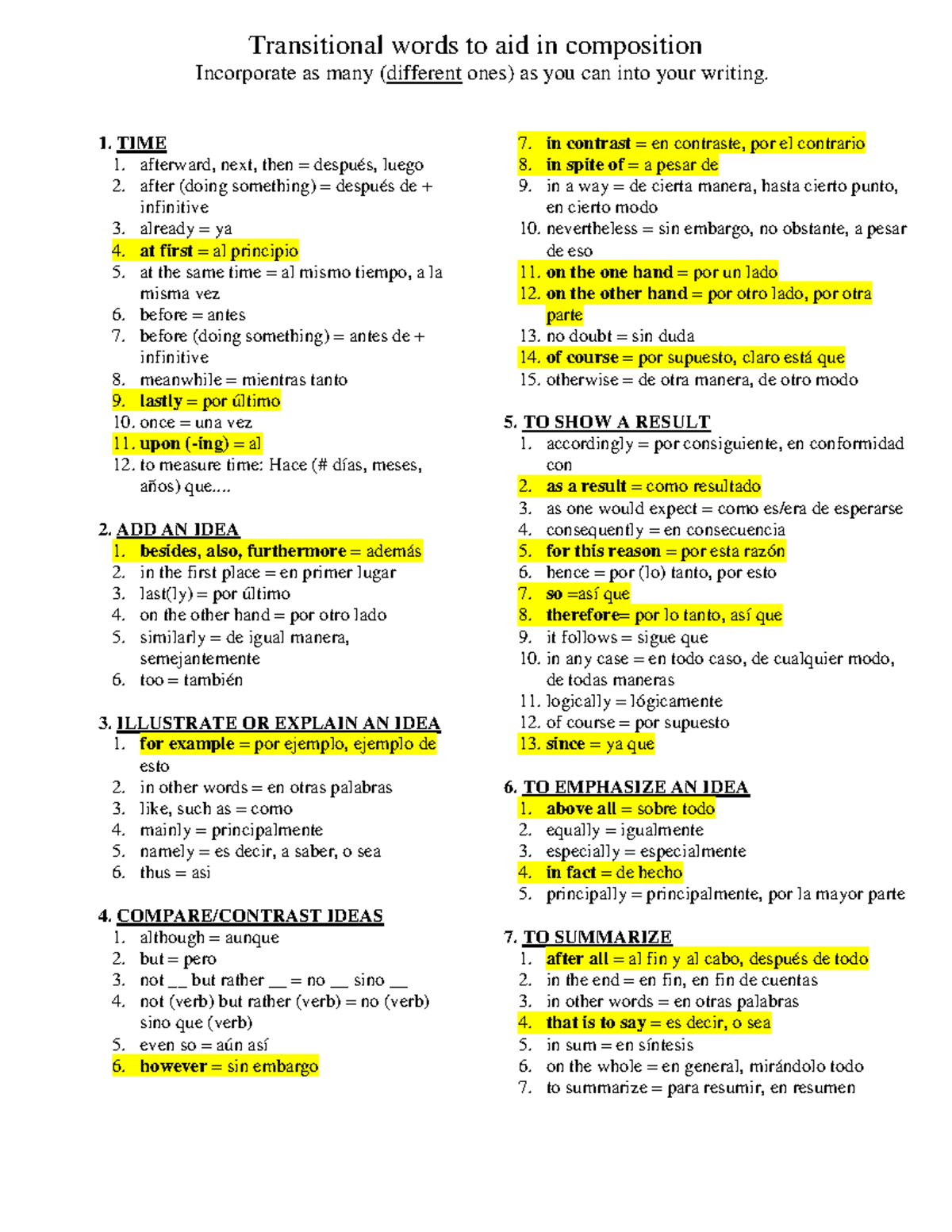 Transitional words list Spanish - Transitional words to aid in ...