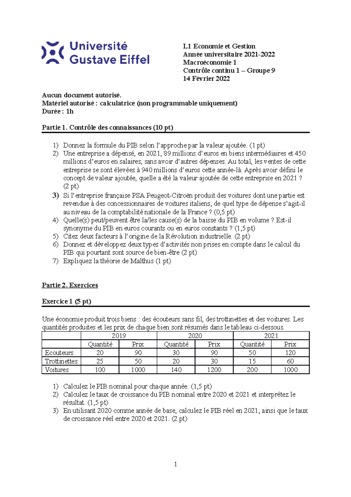 CC1 énoncé n°9 - L1 Economie et Gestion Année universitaire 2021 ...