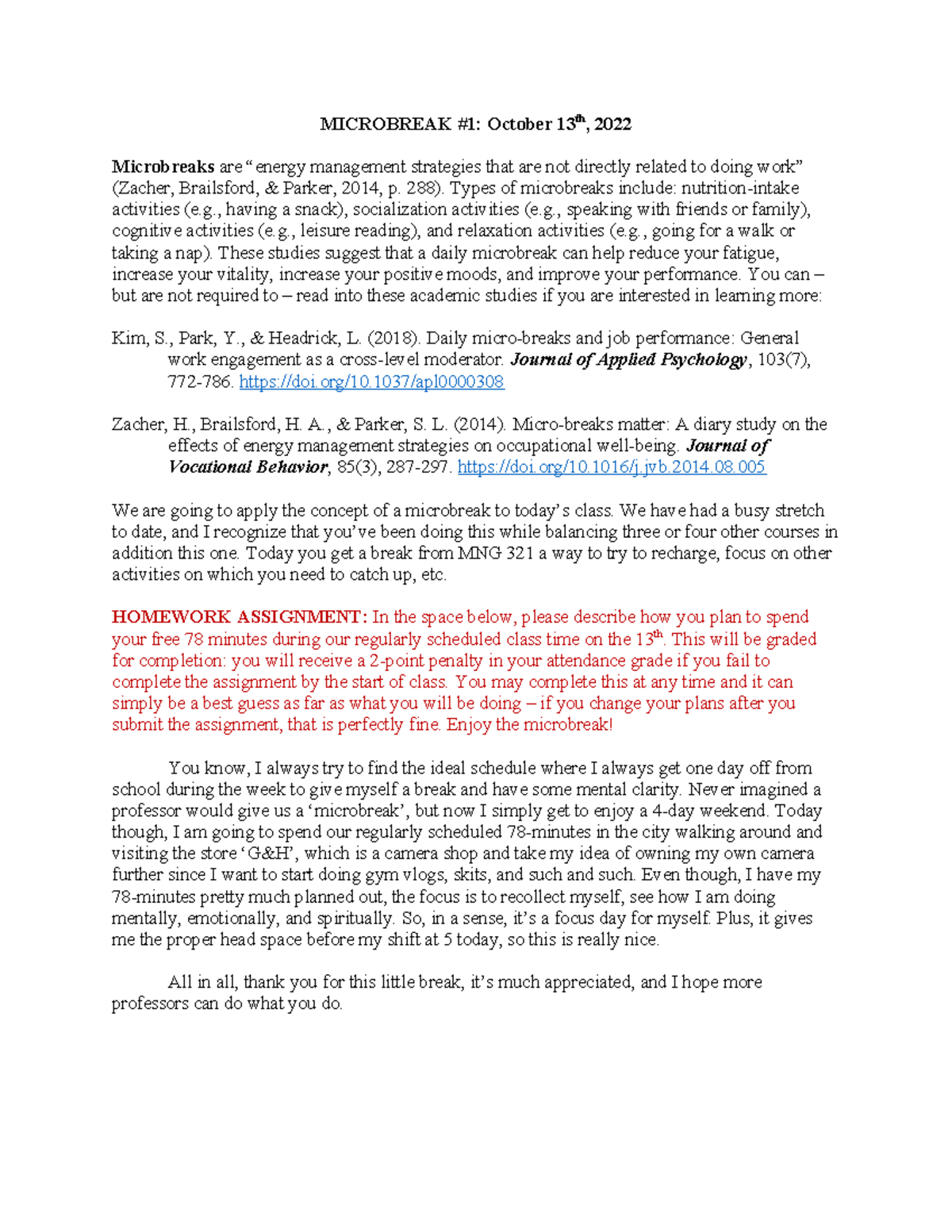 Microbreak Assignment #1 - MNG 321 (Fall 2022) - MICROBREAK #1: October 13th, 2022 Microbreaks ...