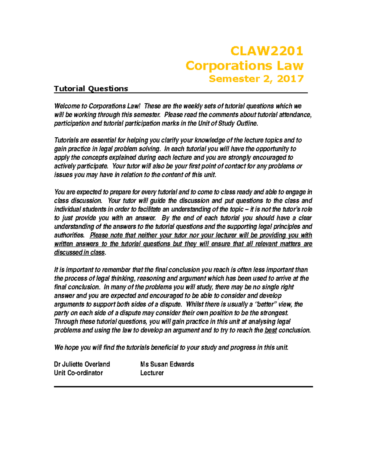 Tutorial Solutions - CLAW2201 Corporations Law Semester 2, 2017 ...