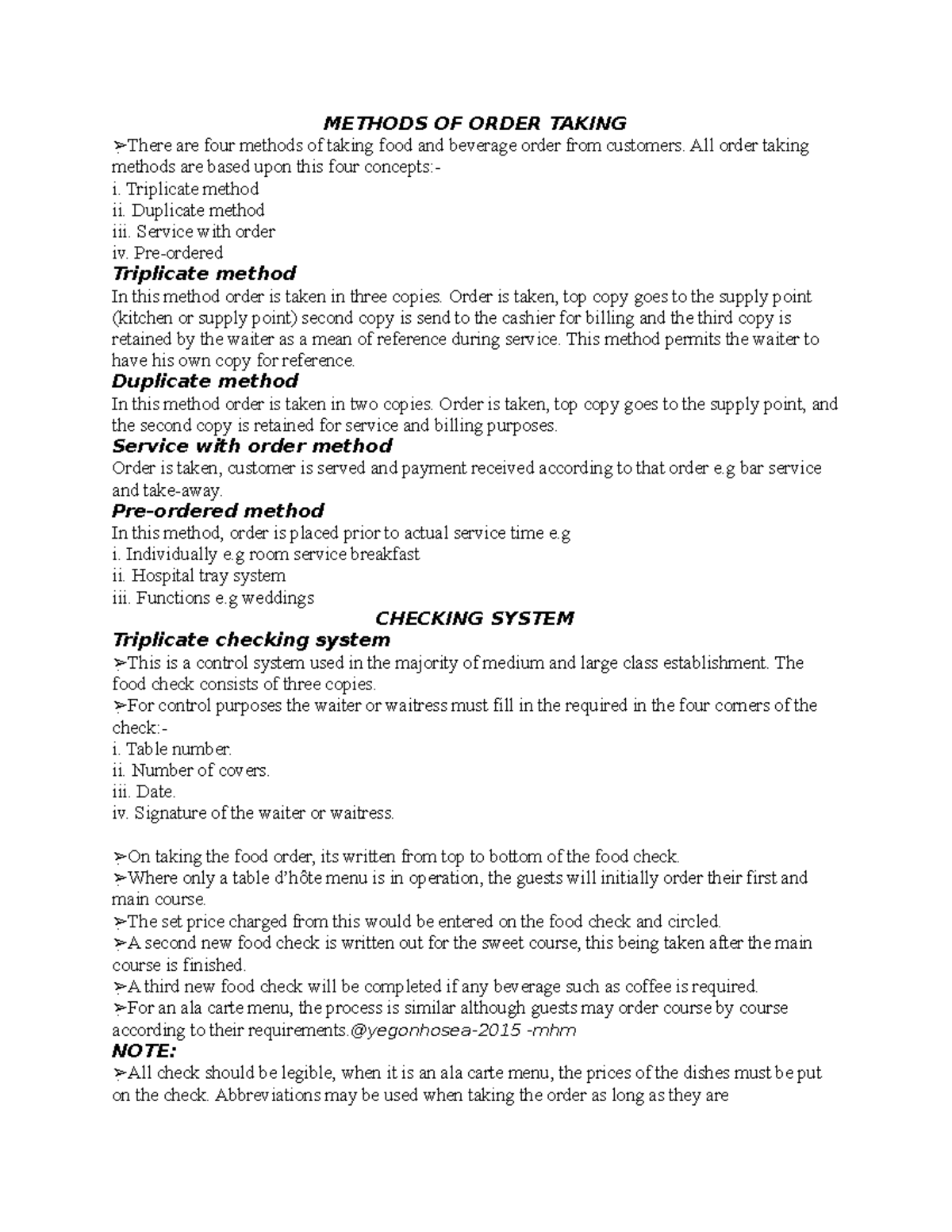 Methods OF Order Taking(service practicals) - METHODS OF ORDER TAKING ...