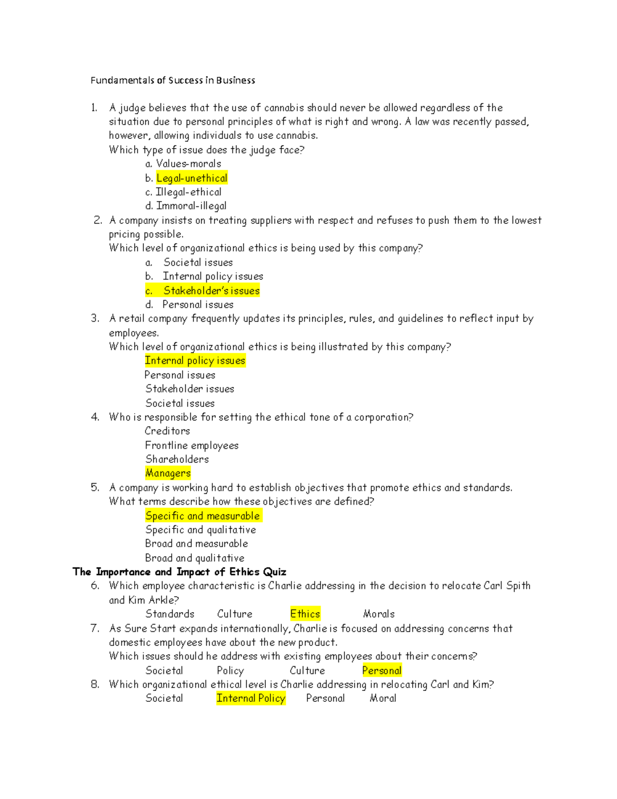 Assessment Test Fundamentals for Success in Business - Fundamentals of ...