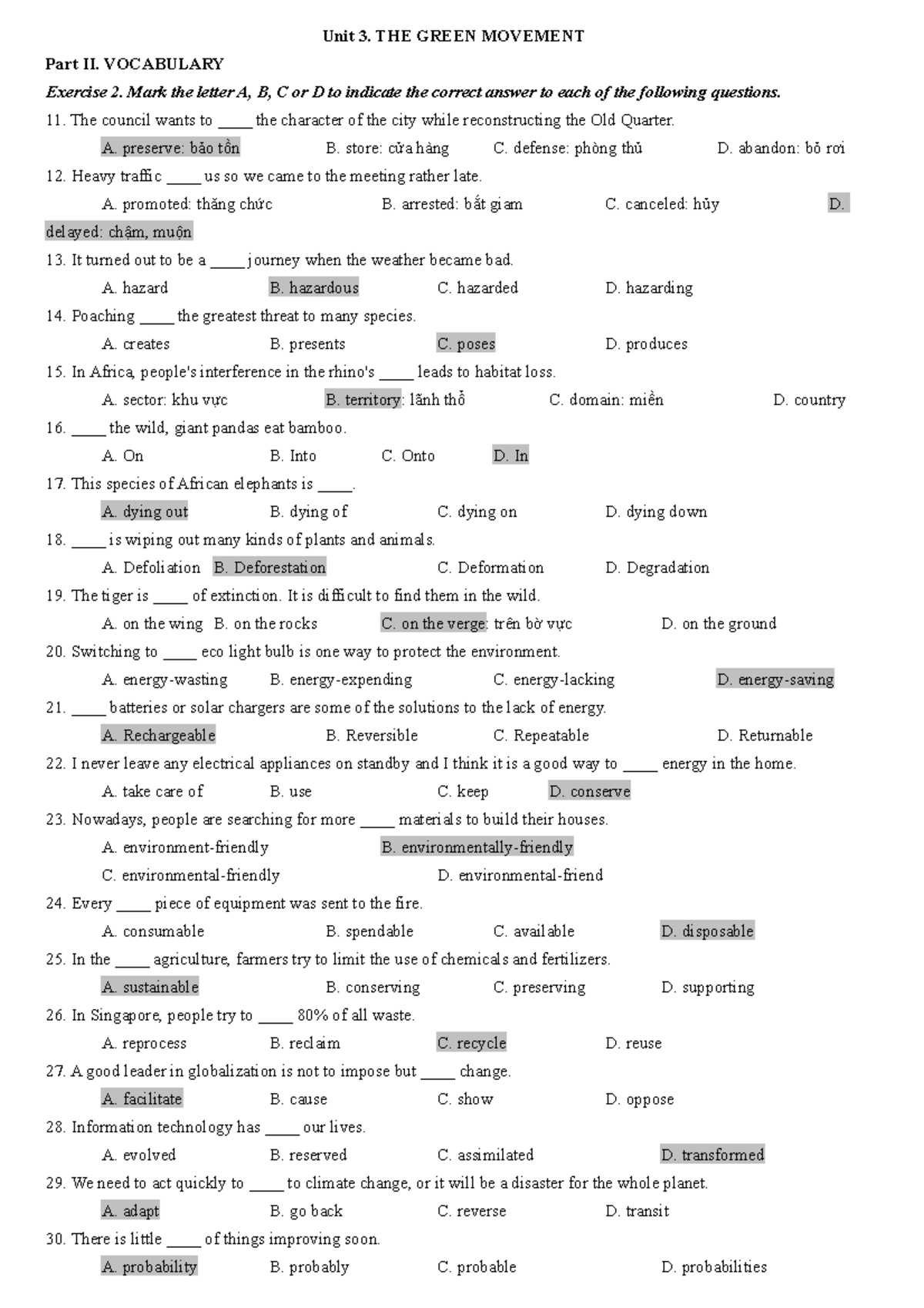 G12 - pre save - Unit 3. THE GREEN MOVEMENT Part II. VOCABULARY ...