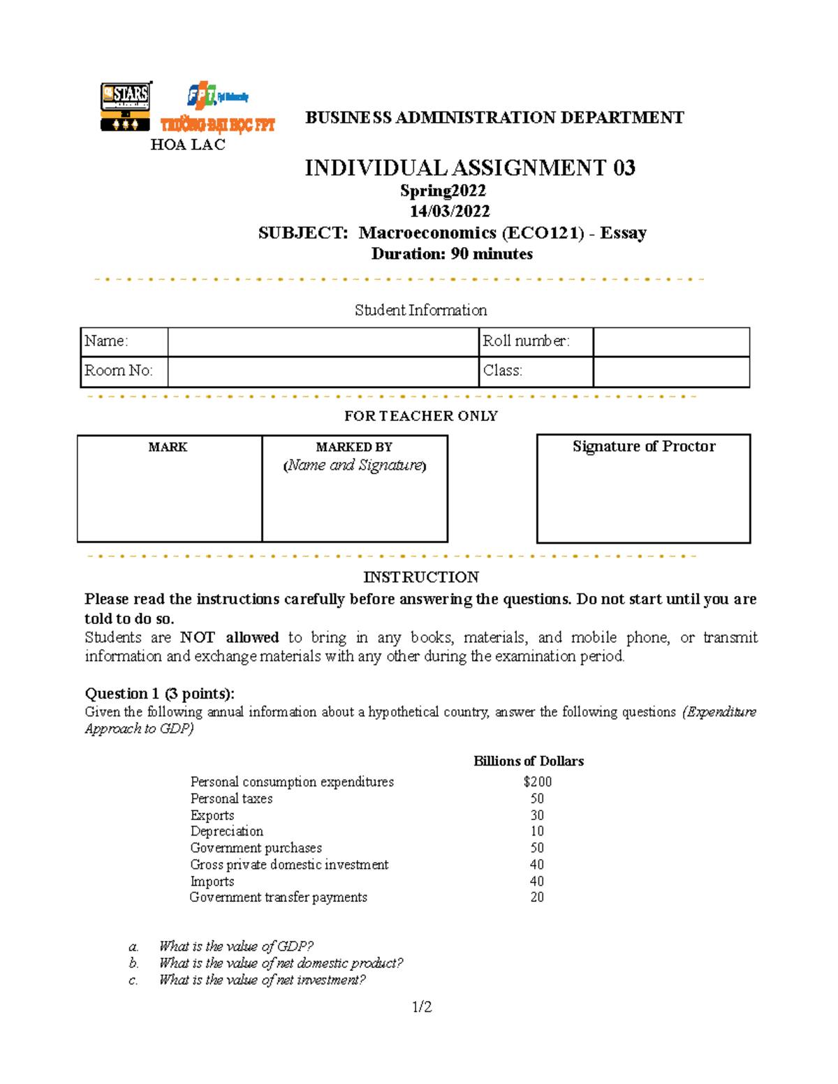 ECO121 Individual Assignment Test 03 - HOA LAC BUSINESS ADMINISTRATION ...