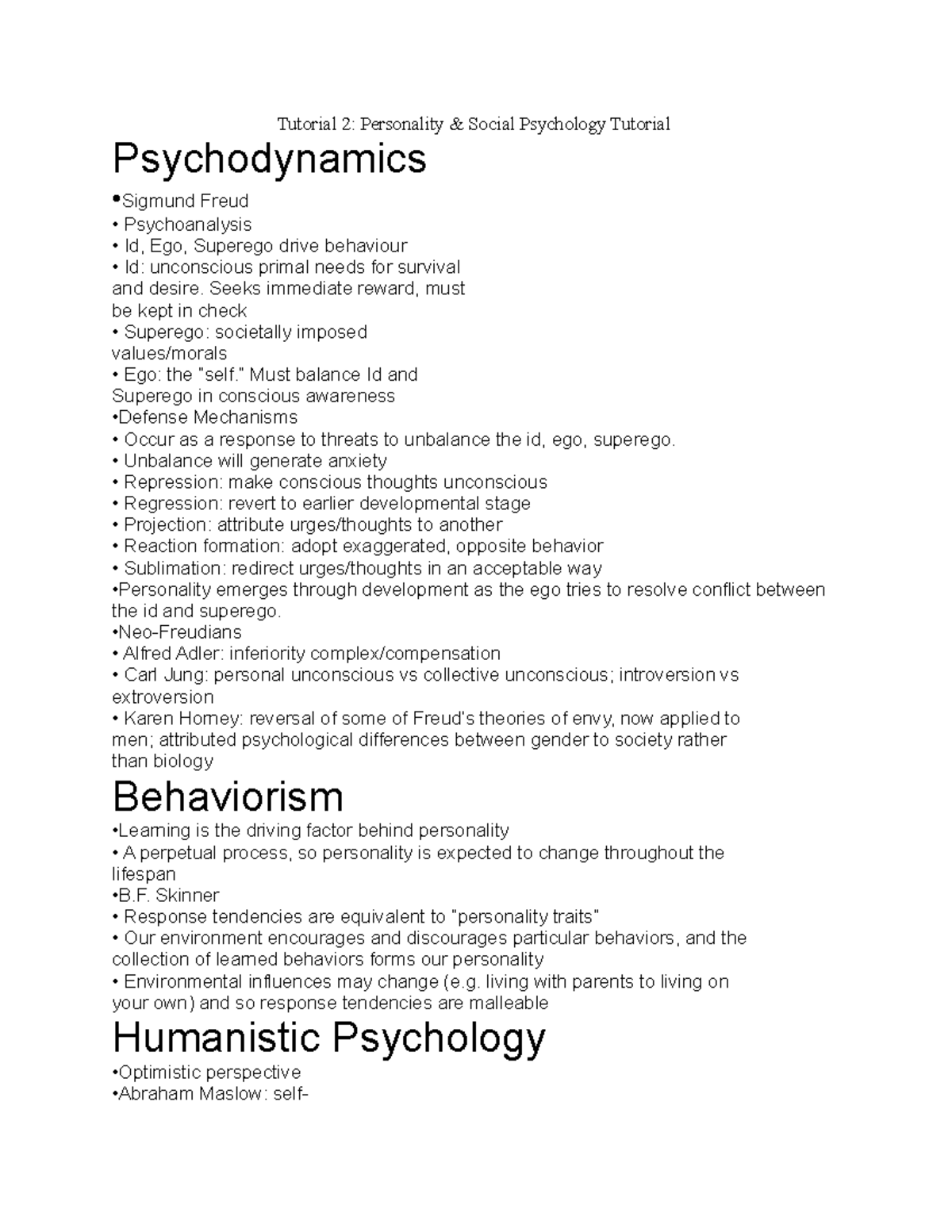 Tutorial 2 - Tutorial 2: Personality & Social Psychology Tutorial Psychodynamics • Sigmund Freud ...
