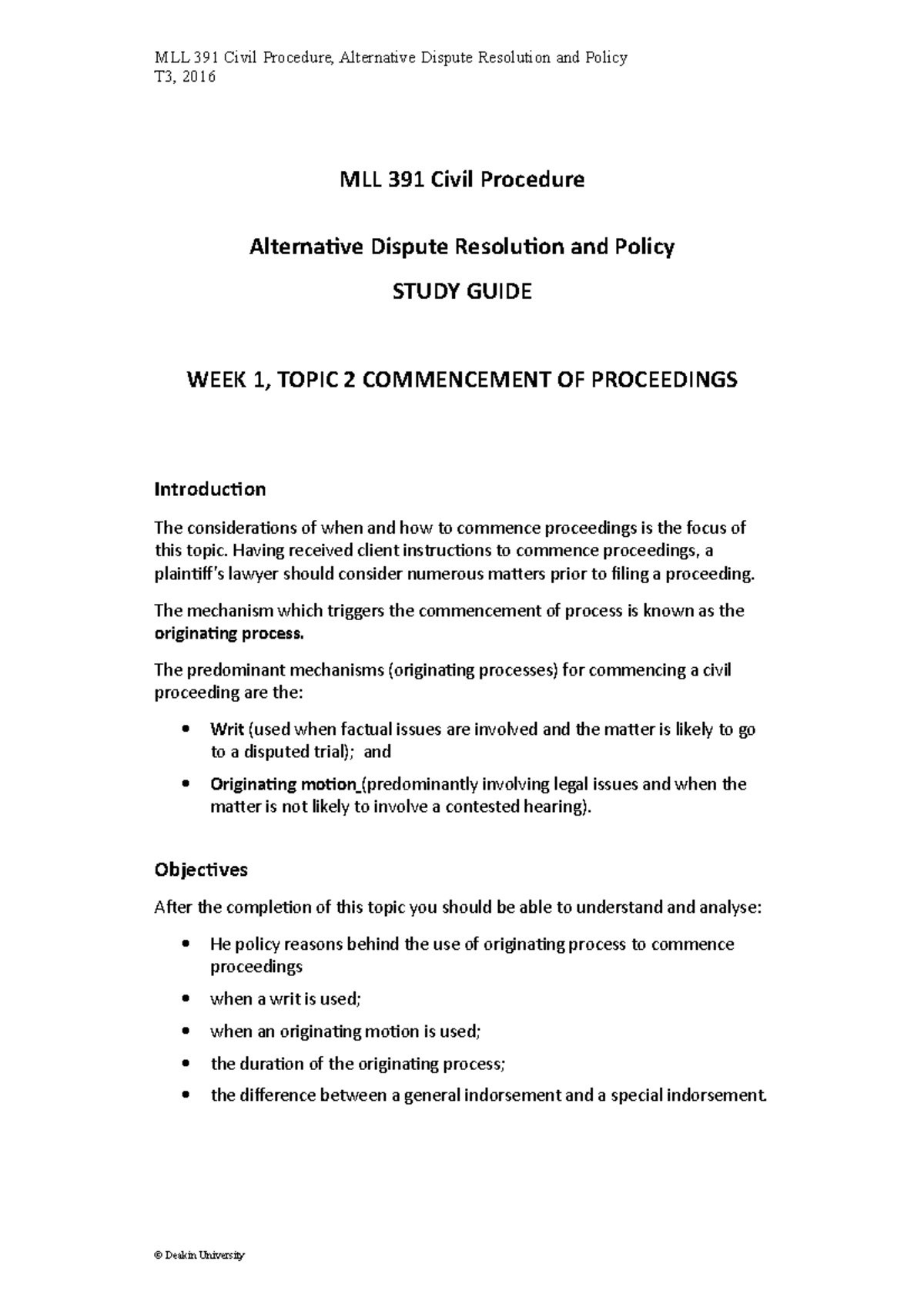 Week 01 Part B Study Guide MLL391 Civil Procedure Topic 2 Commencement ...