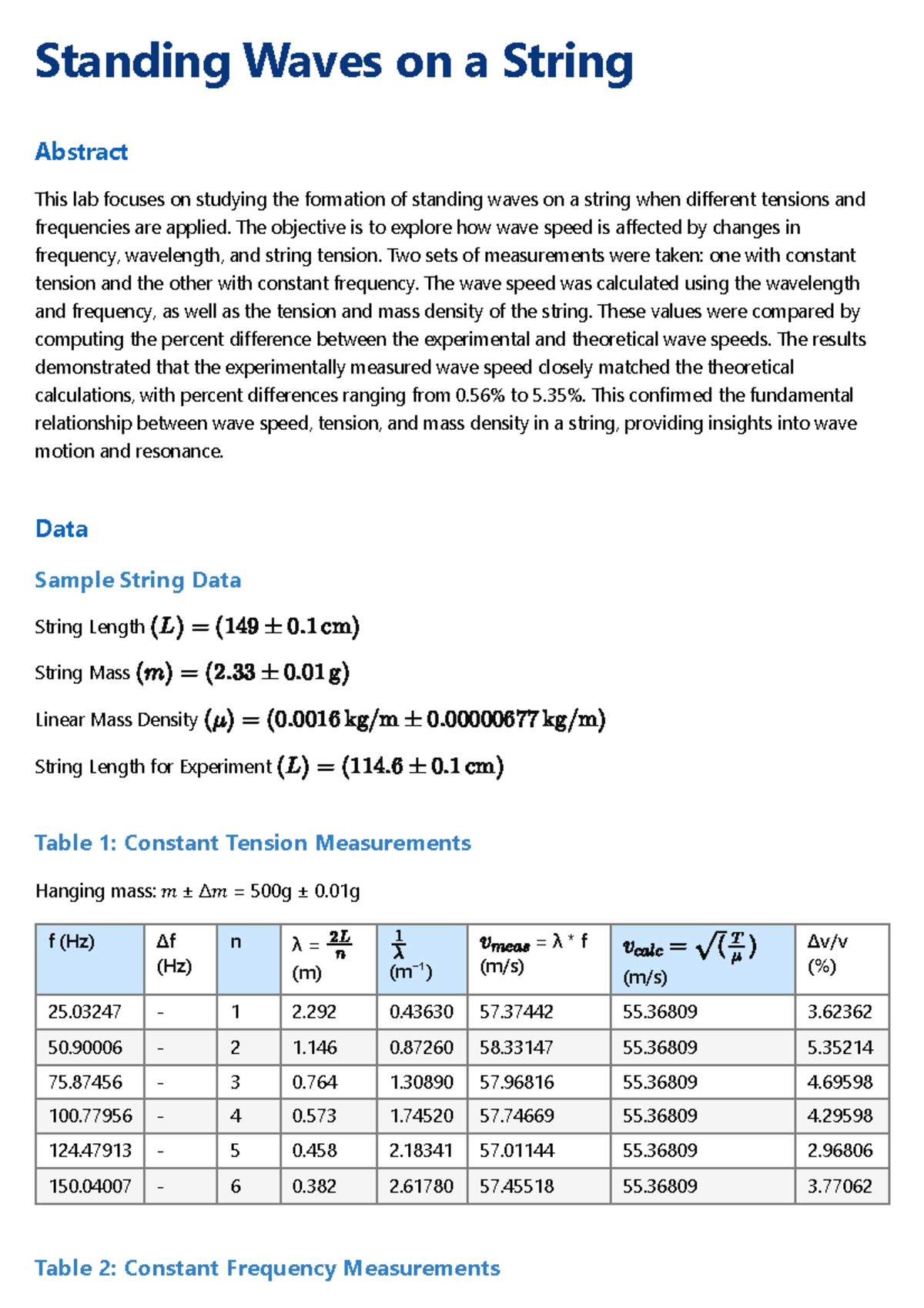 Standing Waves on a String - This lab focuses on studying the formation ...