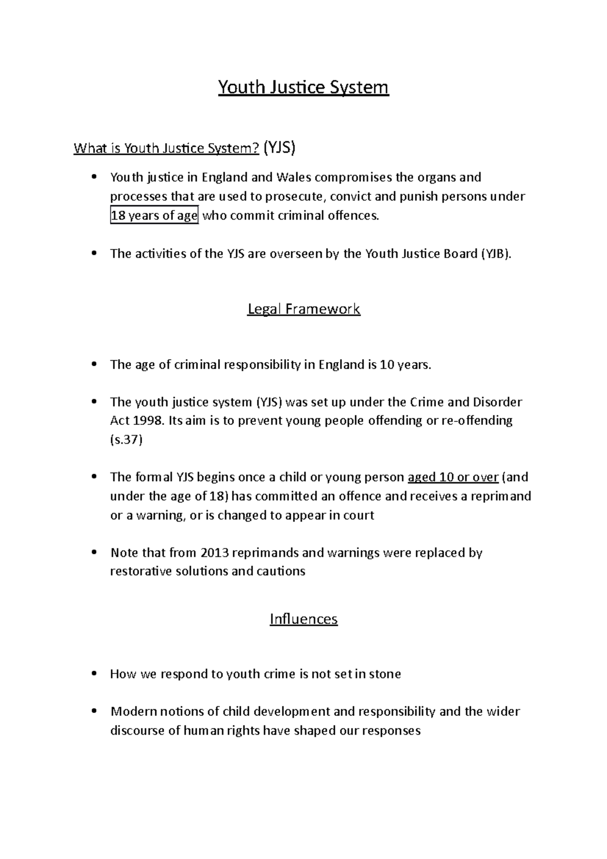 Lecture 8 - Youth Justice System Notes - Youth Justice System What is ...