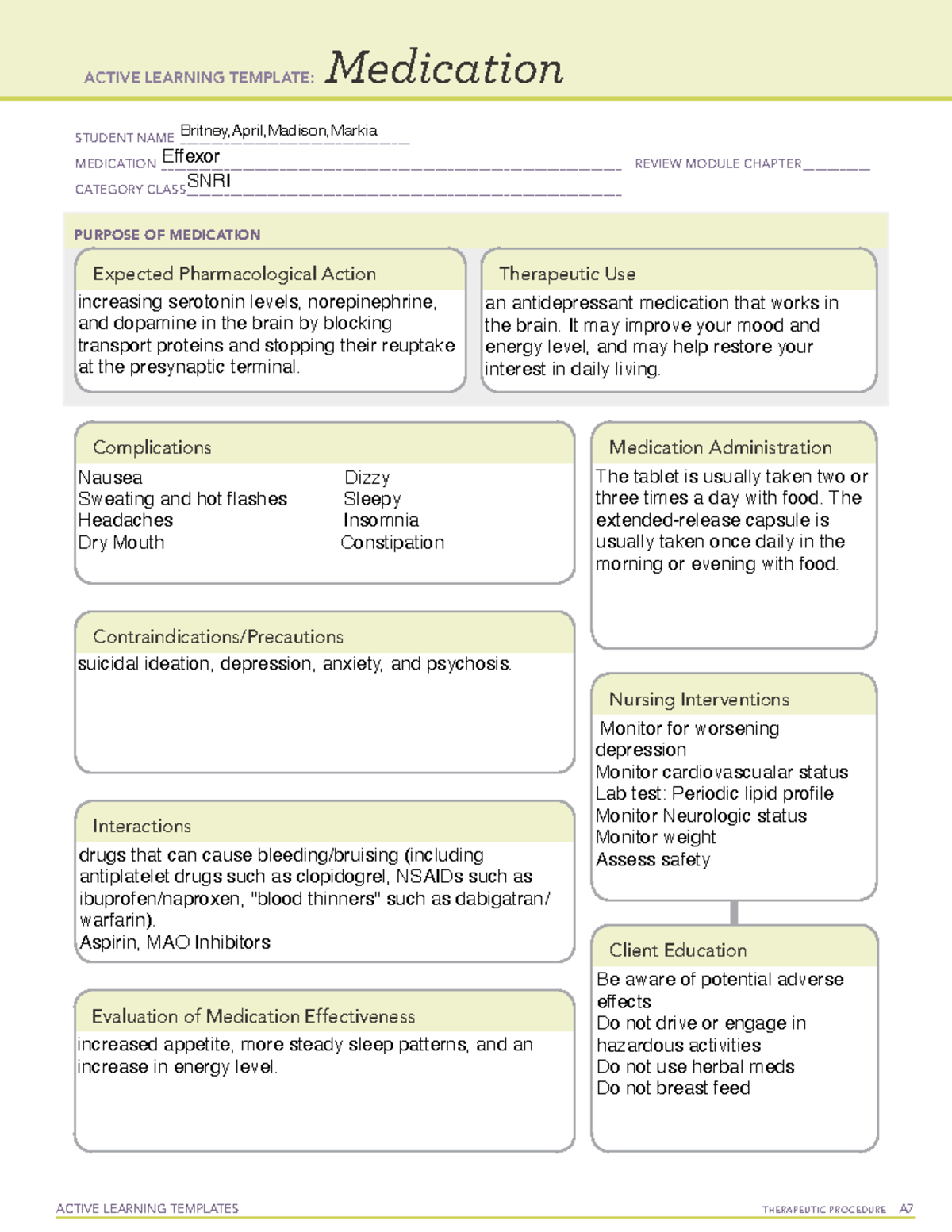 Effexor Med - Med - ACTIVE LEARNING TEMPLATES THERAPEUTIC PROCEDURE A ...
