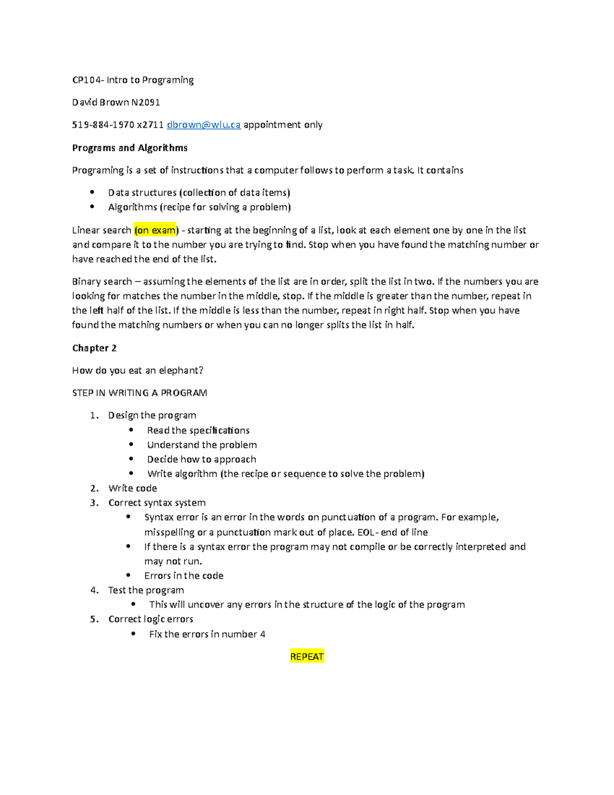 CP104- Intro to Programing - CP104- Intro to Programing David Brown ...