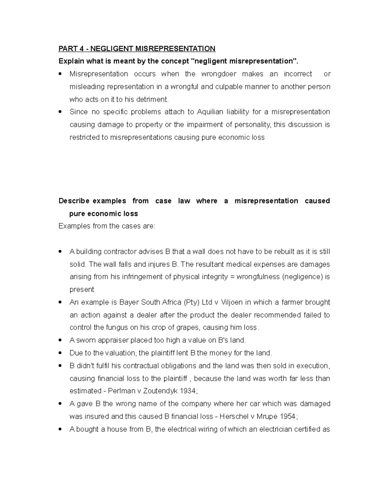 Law of delict notes coninued - PART 4 - NEGLIGENT MISREPRESENTATION ...