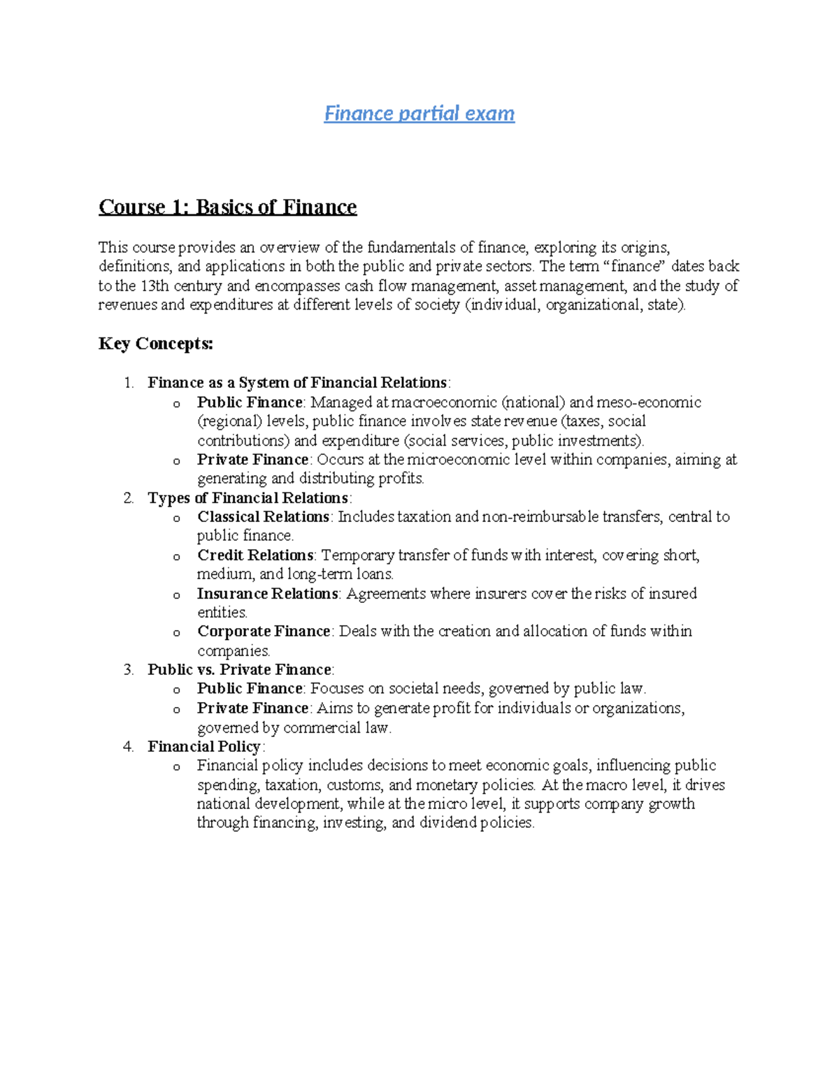Finance partial exam - Finance partial exam Course 1: Basics of Finance ...