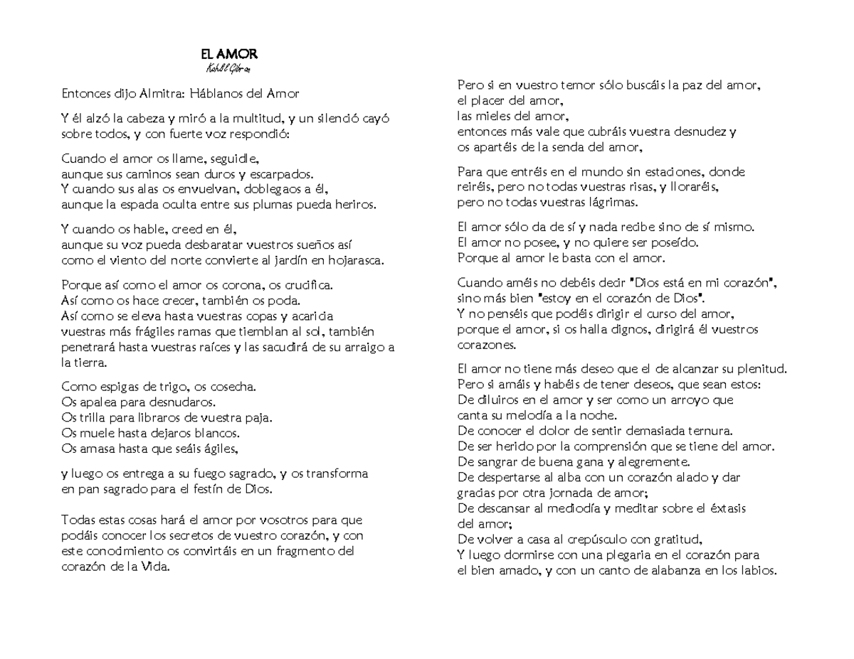EL AMOR kahlil Gibran - EL AMOR Kahlil Gibran Entonces dijo Almitra ...