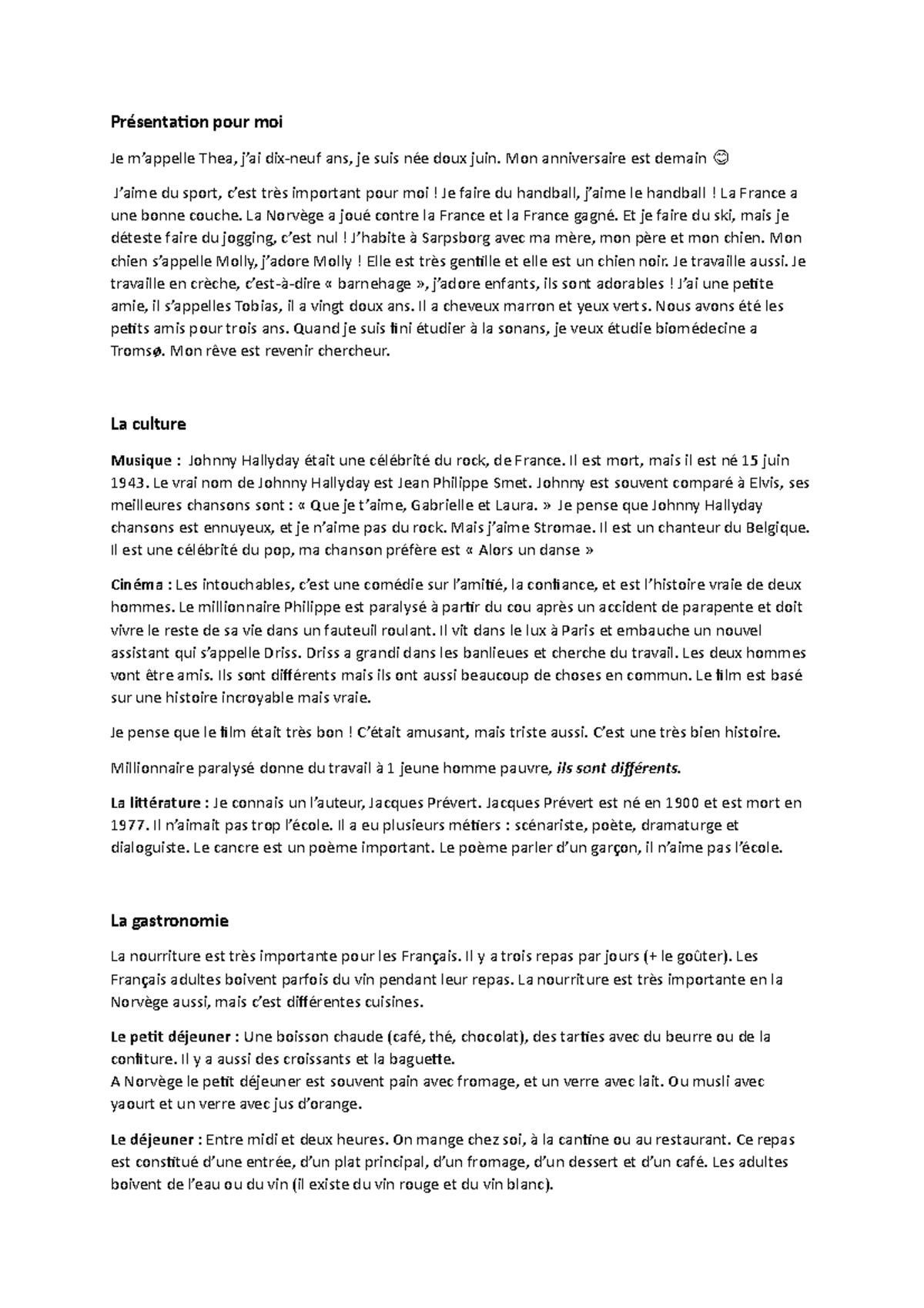 Fransk - Muntlig eksamensmateriale. Presentasjon om seg selv. Om kultur, kino, litteratur. - Studocu