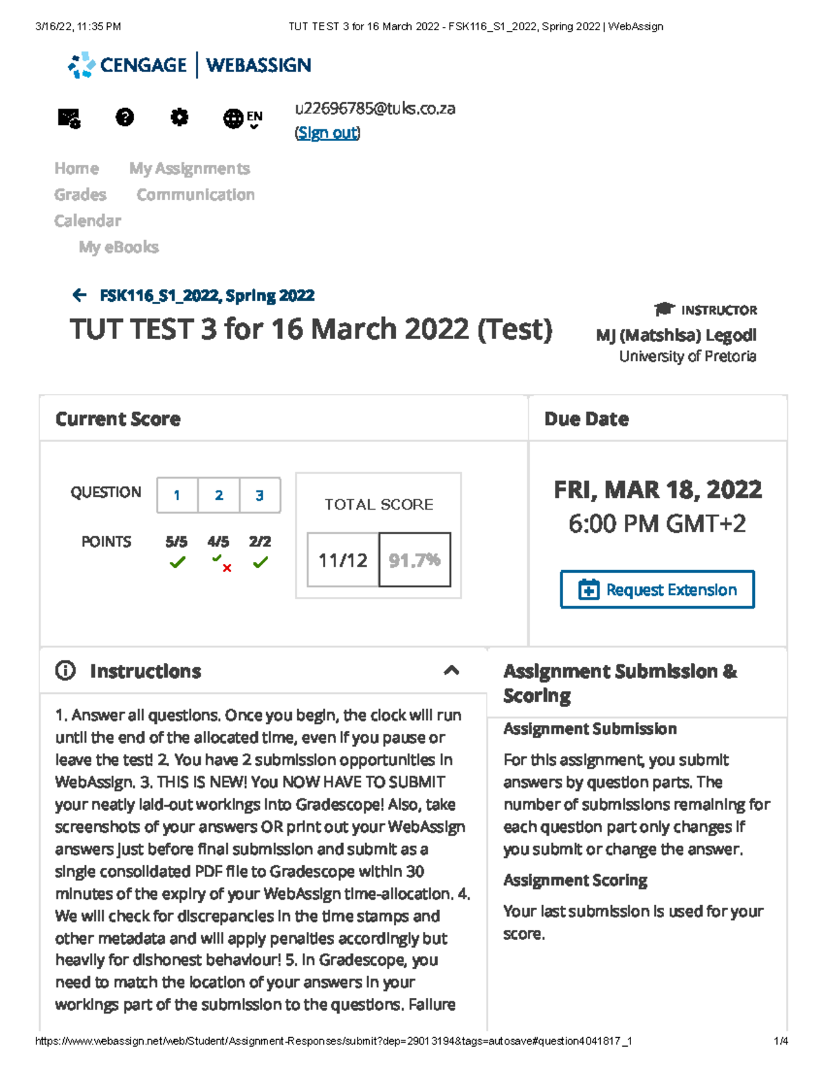 TUT TEST 3 for 16 March 2022 - FSK116 S1 2022, Spring 2022 Web Assign ...