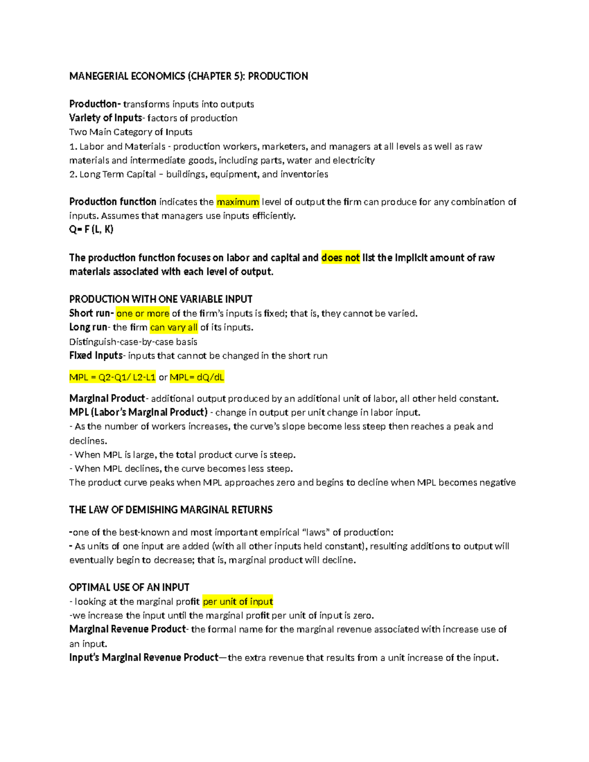 UNIT 5 MAN ECON Notes - MANEGERIAL ECONOMICS (CHAPTER 5): PRODUCTION ...