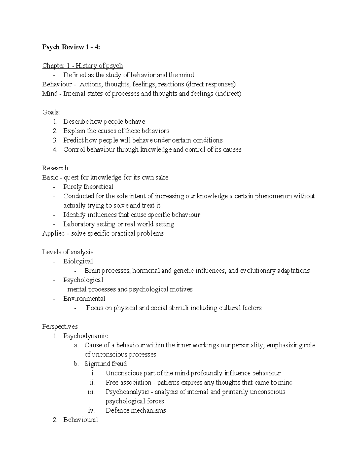 Psych 1002 Review 1-4 - Psych Review 1 - 4: Chapter 1 - History of ...