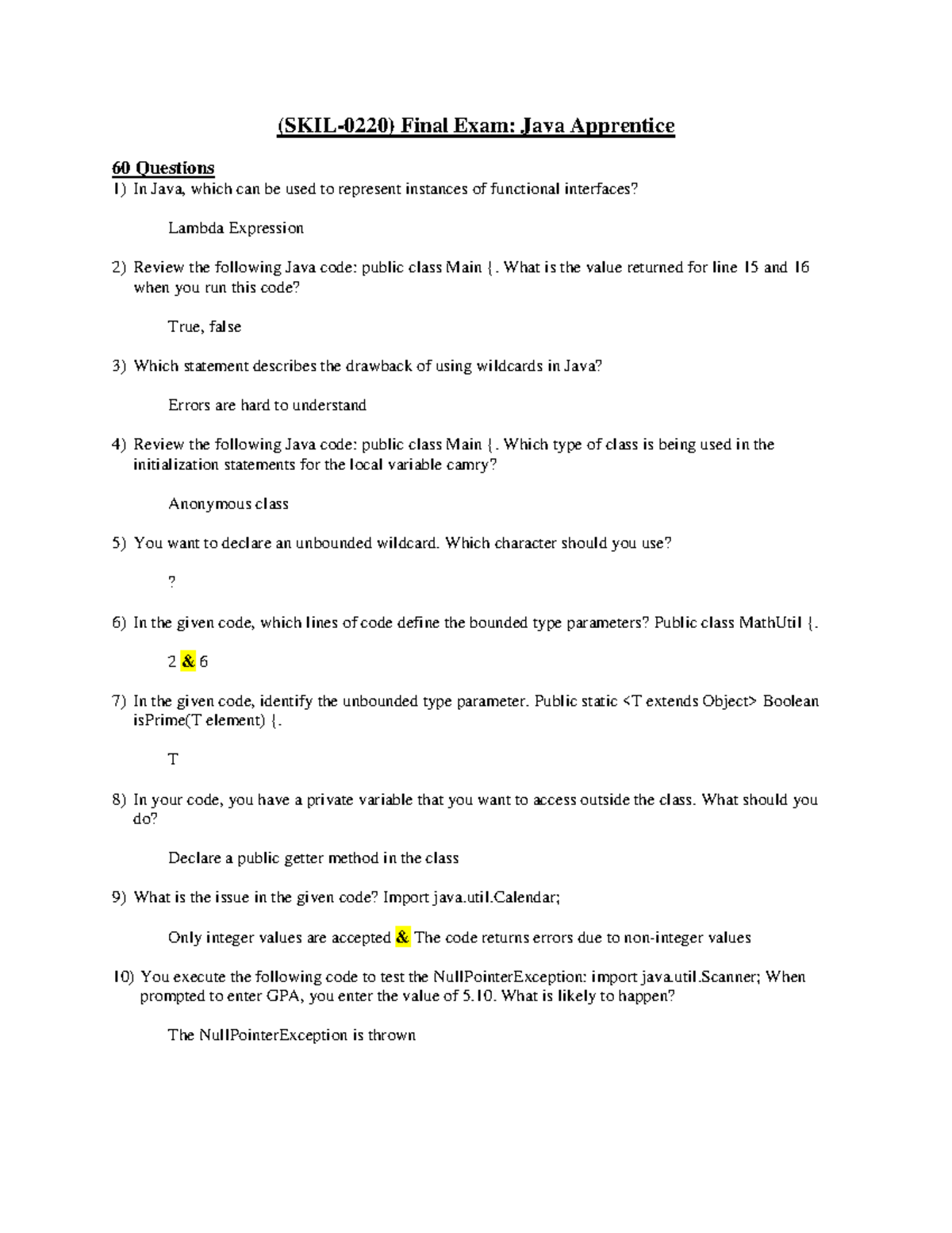 Skillsoft Java Apprentice Final Exam - (SKIL-0220) Final Exam: Java ...