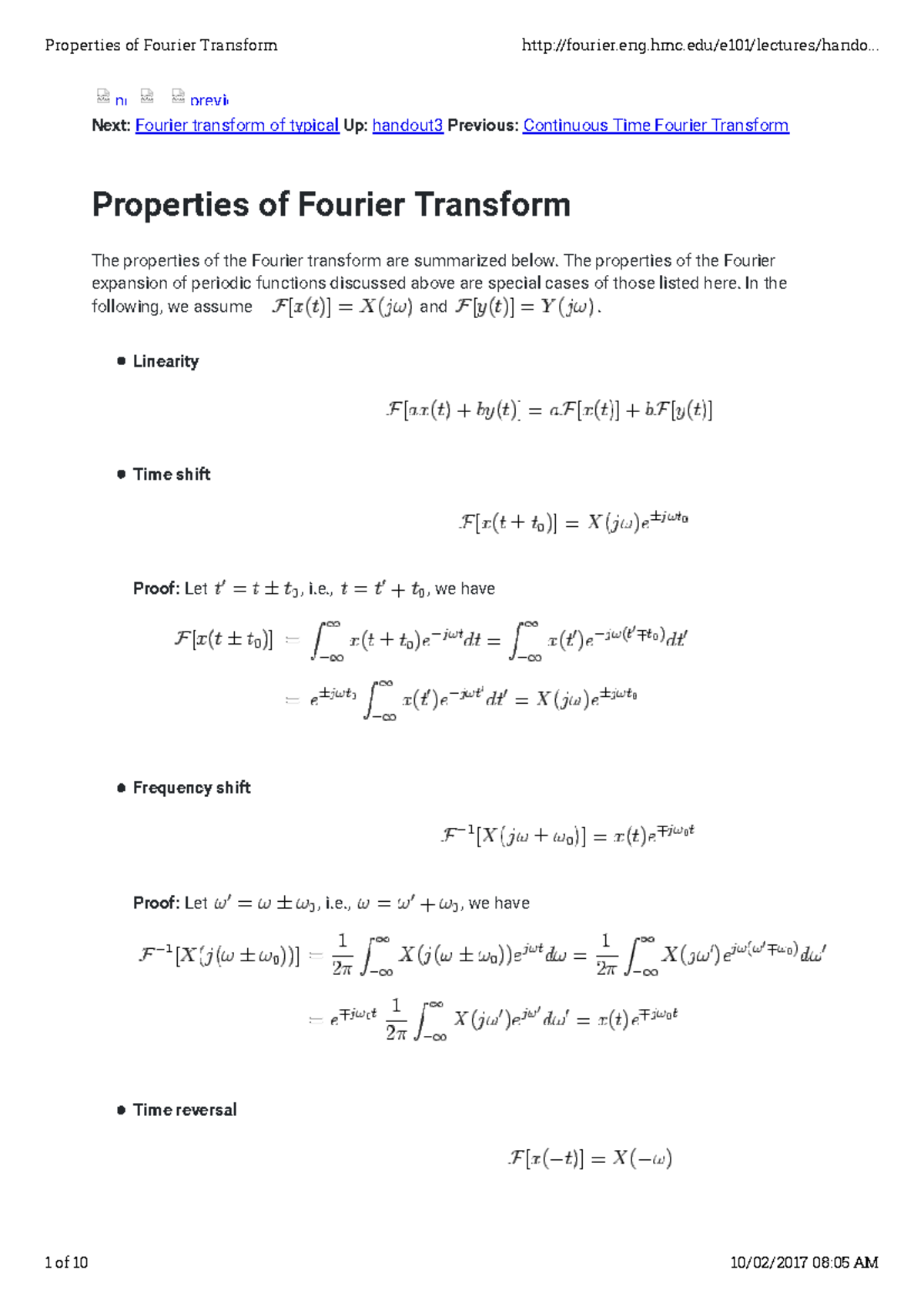 Properties of Fourier Transform - next previous Next: Fourier transform ...