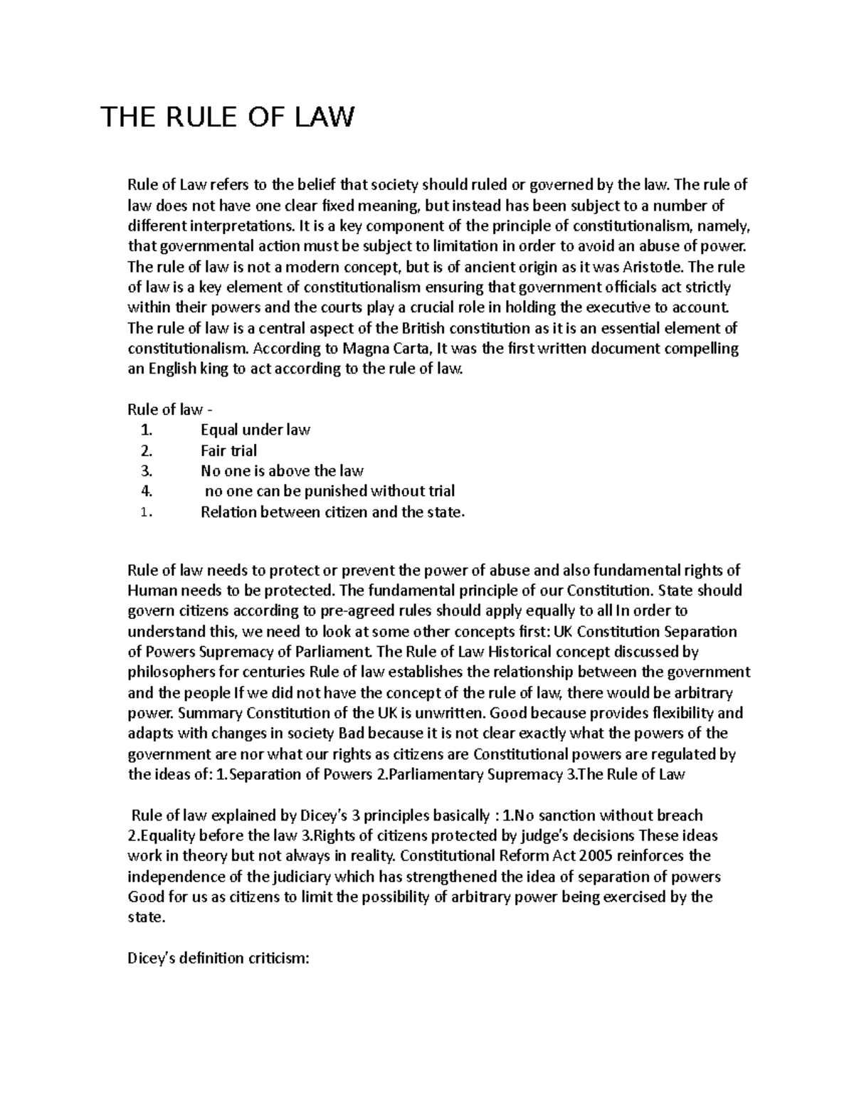 Rule of law - Important - THE RULE OF LAW Rule of Law refers to the ...