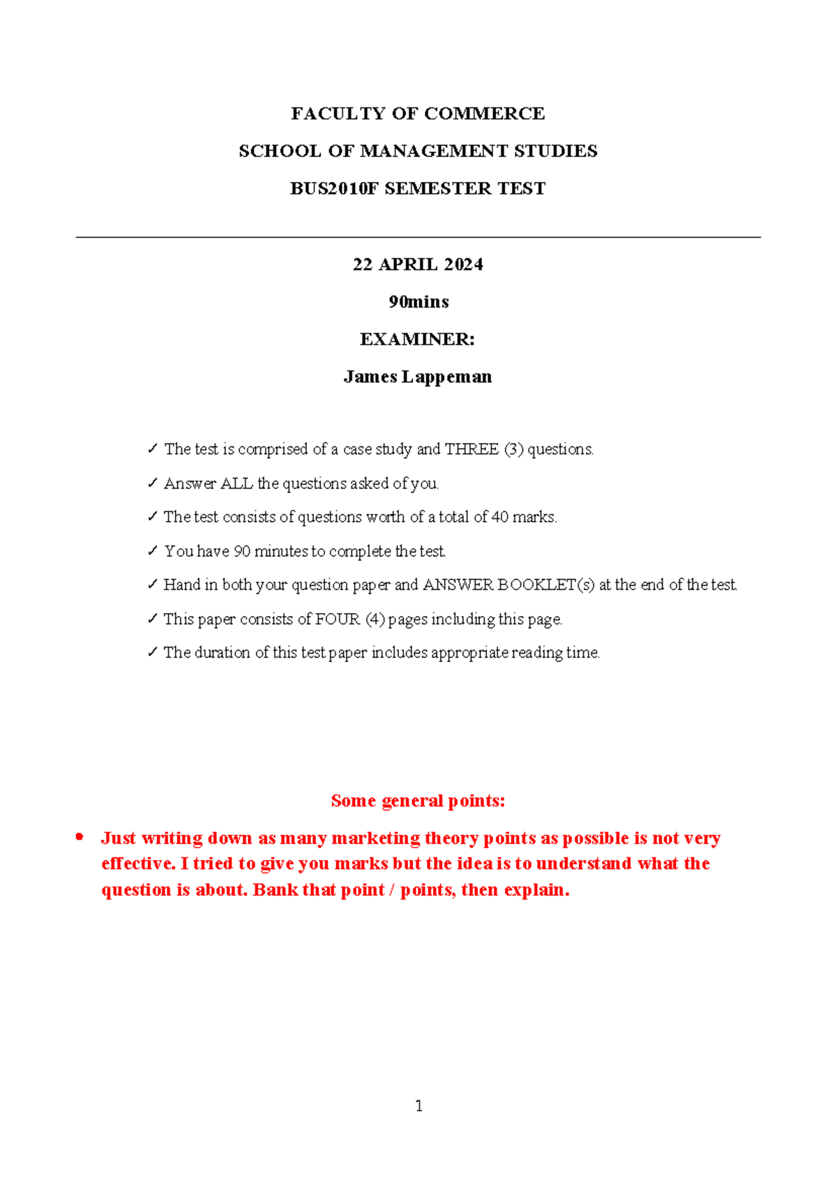 TEST MEMO - A memo with questions from the semester test. - FACULTY OF ...