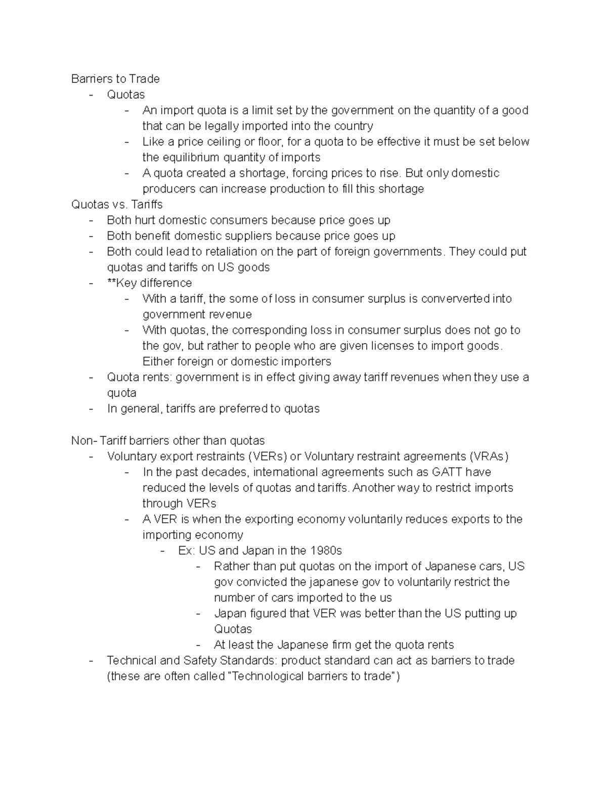 Econ Barriers To Trade Notes - Barriers to Trade - Quotas - An import ...