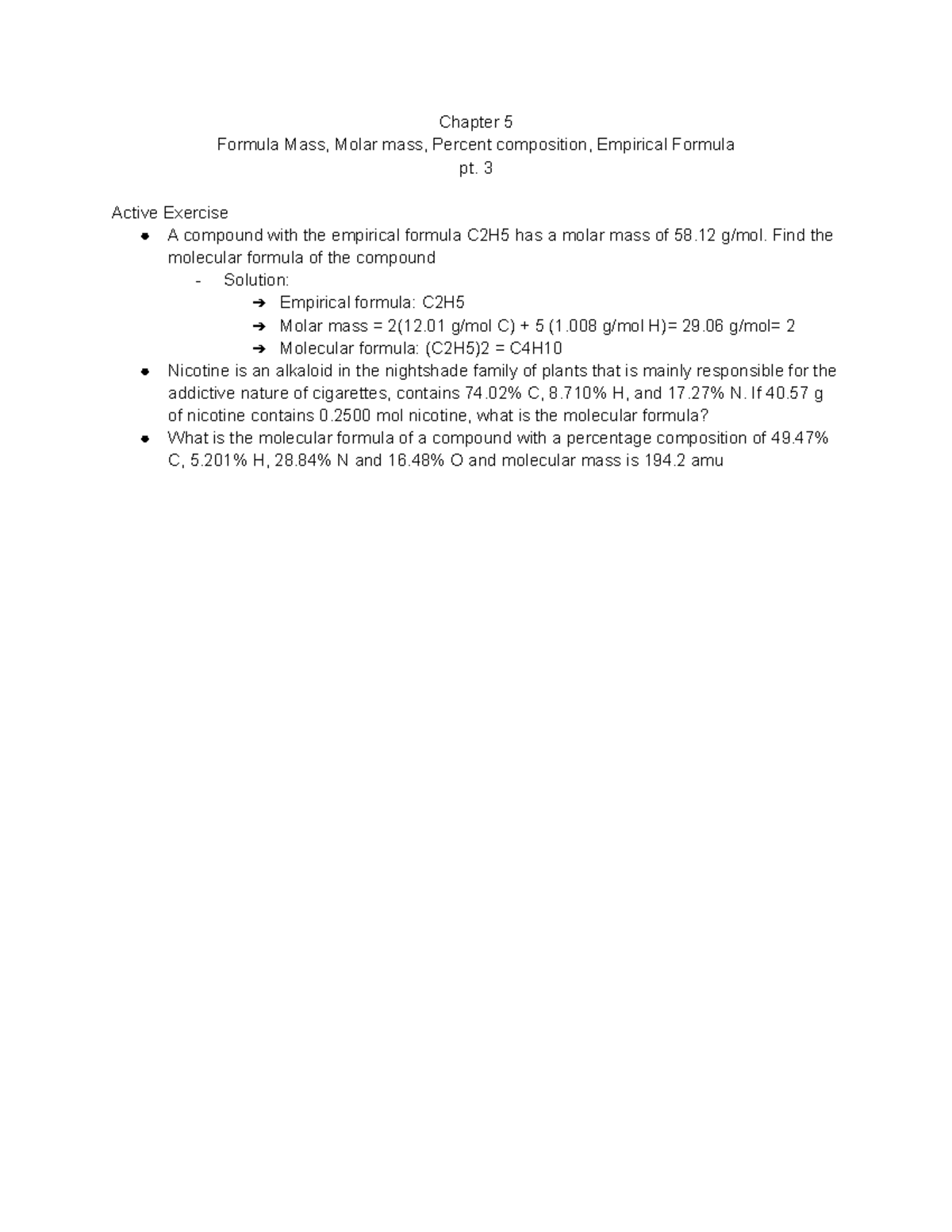 Chapter 5 pt. 3 - Lecture notes 15 - Chapter 5 Formula Mass, Molar mass ...