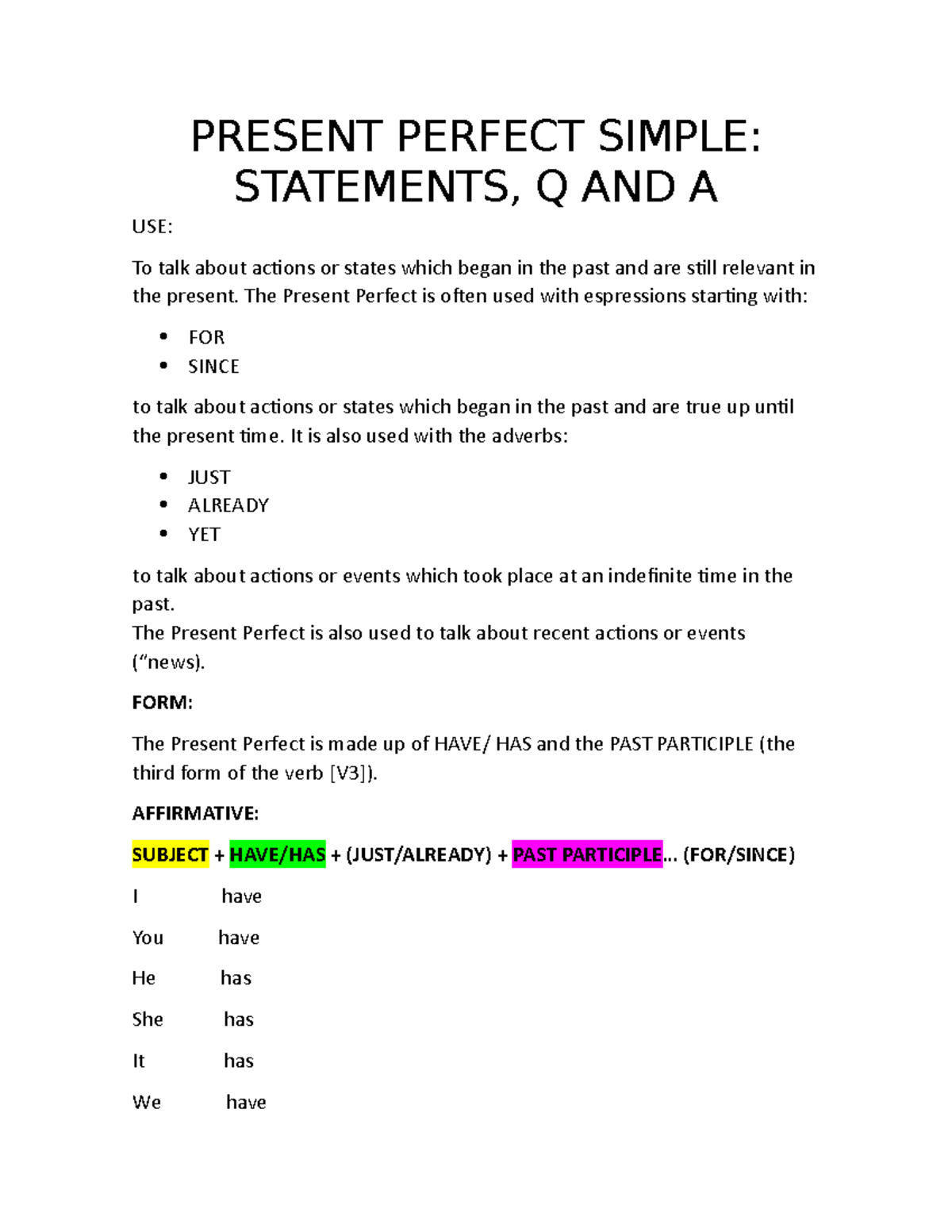 Present Perfect Simple- Presente perfecto simple - ingles - UVEG - Studocu