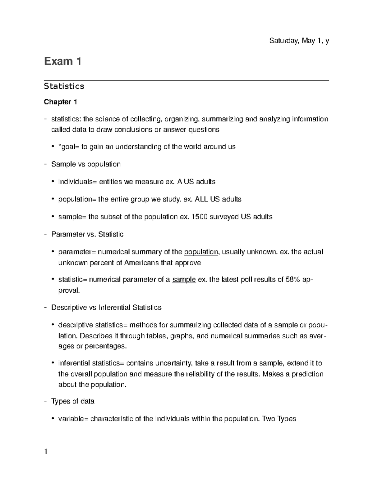 Stats exam 1 - Exam 1 Statistics Chapter 1 - statistics: the science of ...