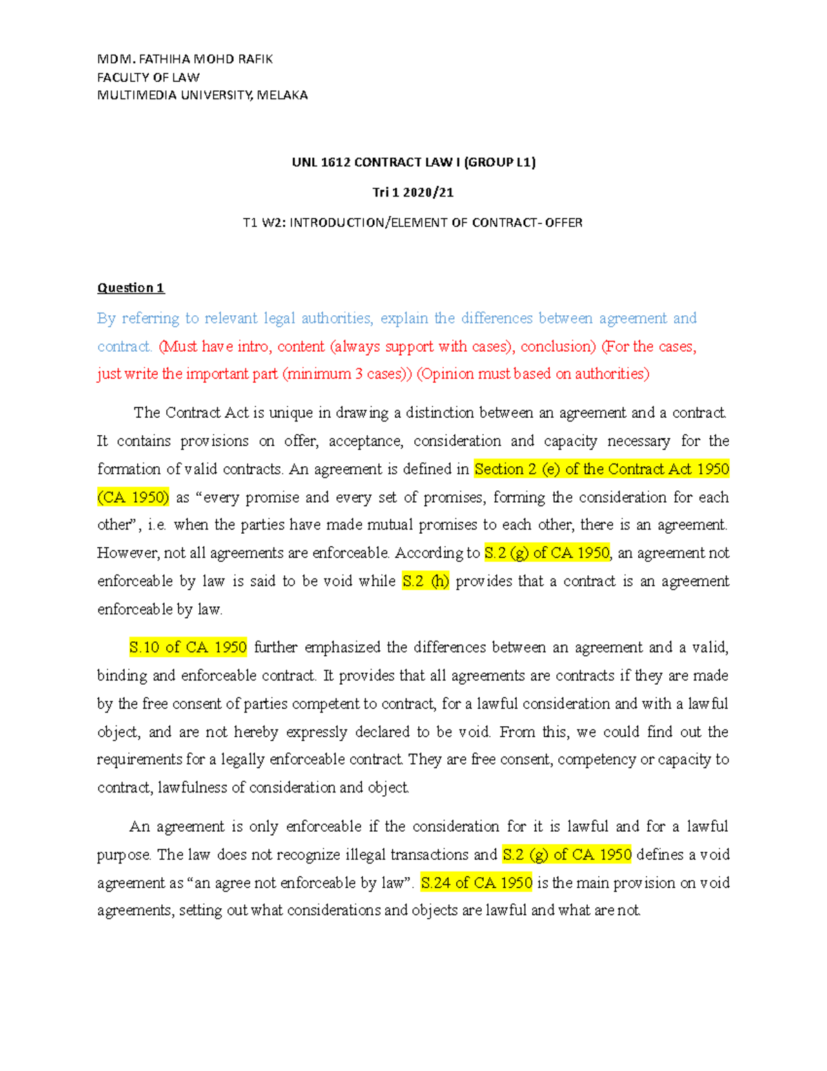 340183-T1 W2 - FACULTY OF LAW MULTIMEDIA UNIVERSITY, MELAKA UNL 1612 CONTRACT LAW I (GROUP L1 ...