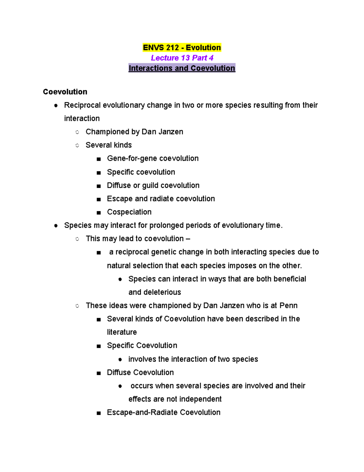 ENVS 212 Lecture 13 Part 4 - Spring 2020 - ENVS 212 - Evolution Lecture 13 Part 4 Interactions ...