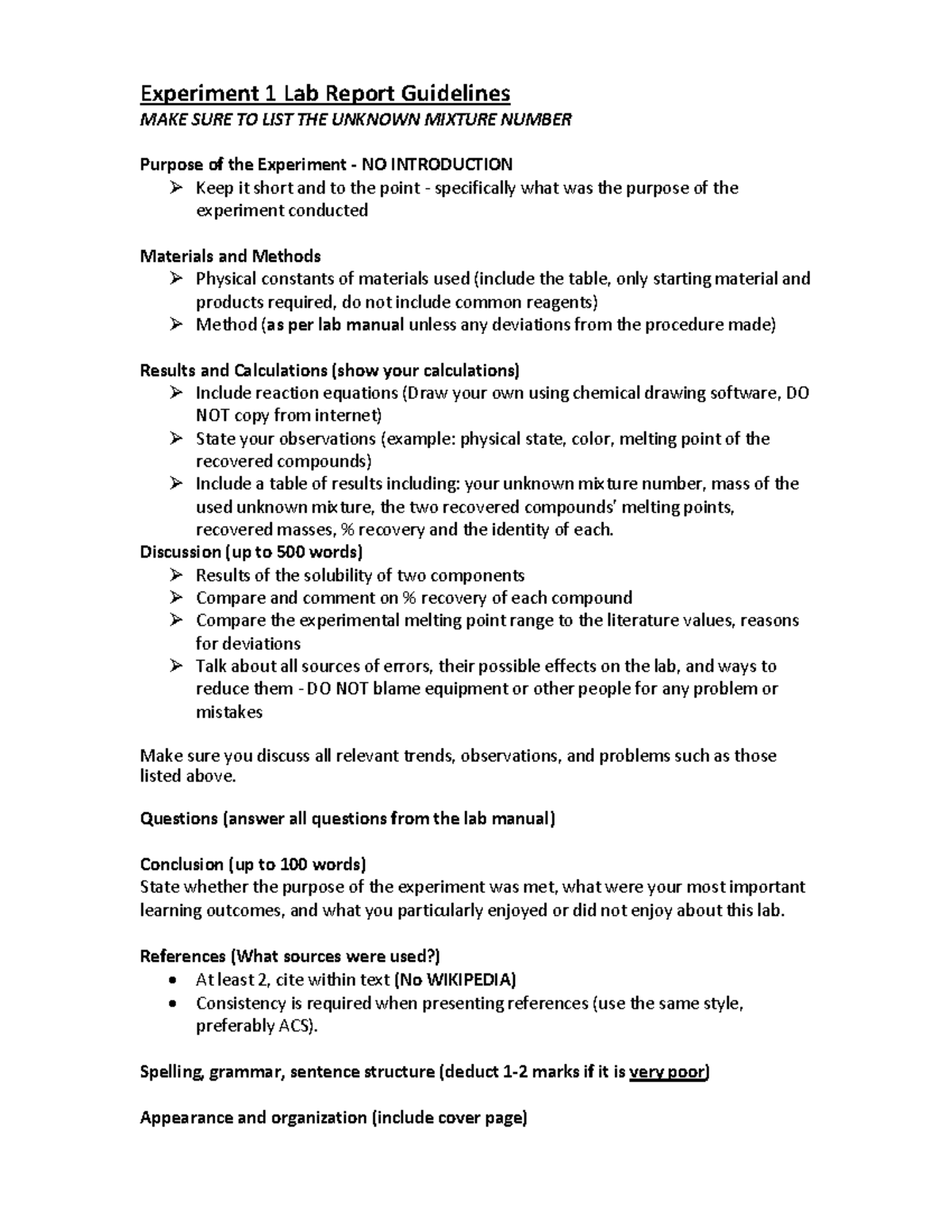 Experiment 1 Lab Guidelines - Experiment 1 Lab Report Guidelines MAKE SURE TO LIST THE UNKNOWN ...