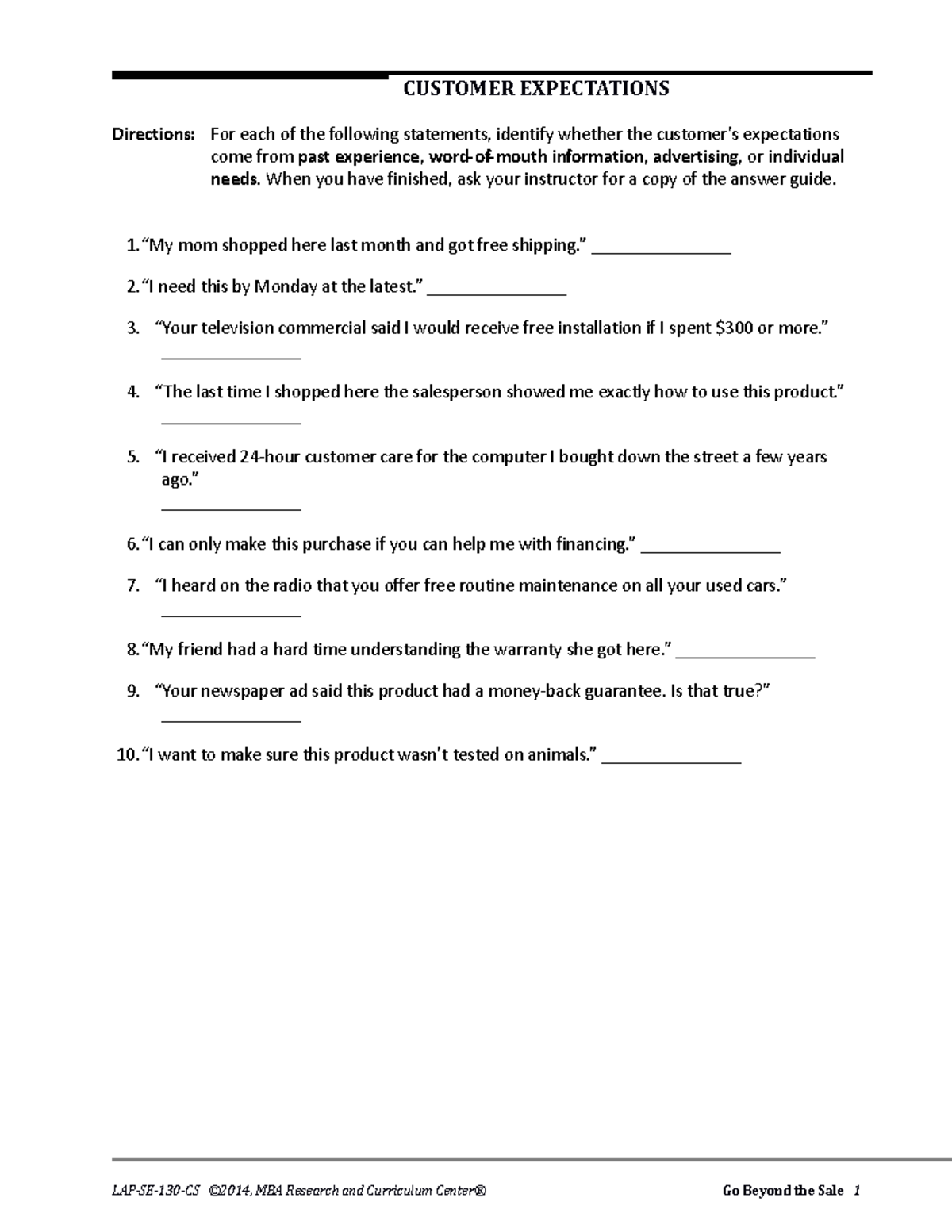 SE130 Individual Activity 1 - CUSTOMER EXPECTATIONS Directions: For ...