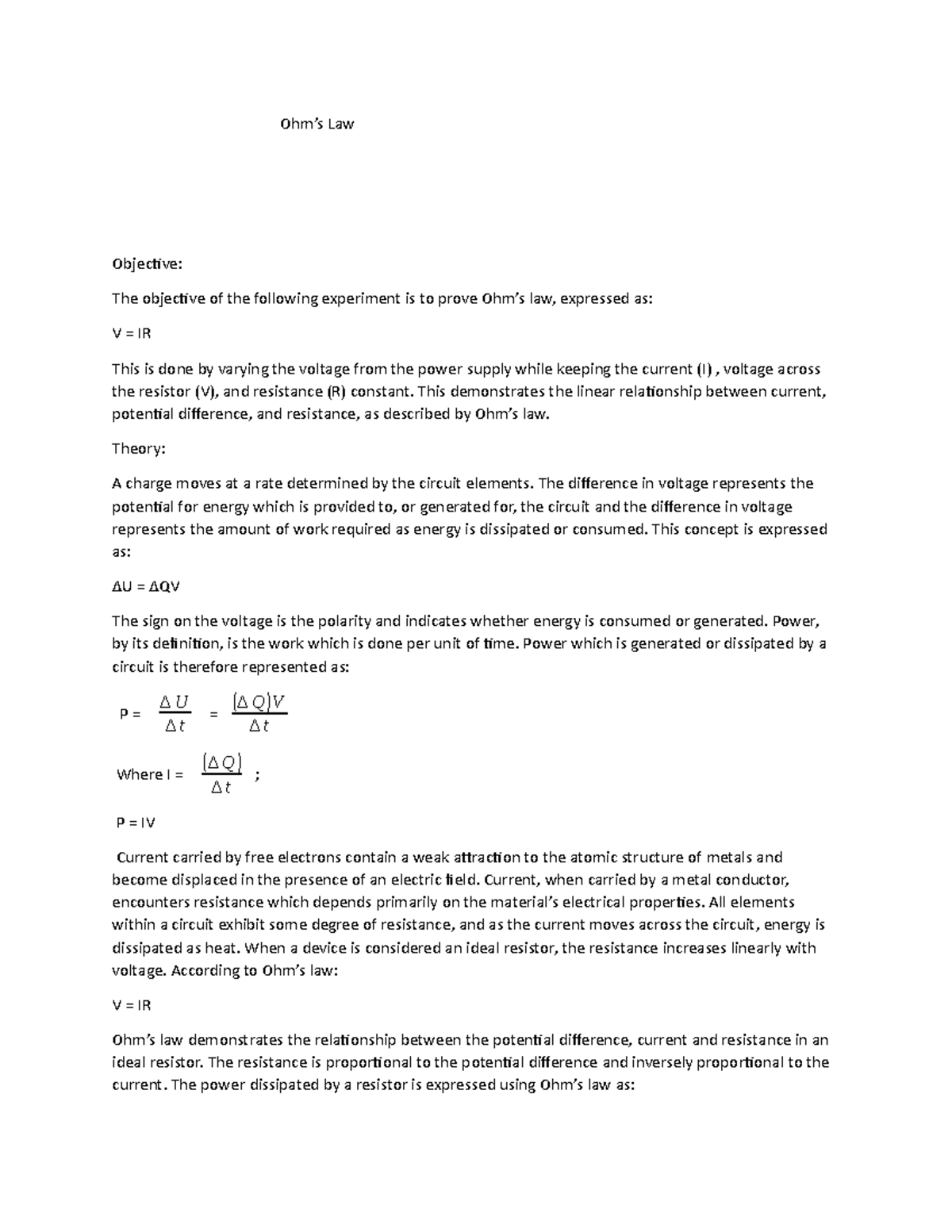 New 2020lab 4 physics 2 final draft - Ohm’s Law Objective: The ...