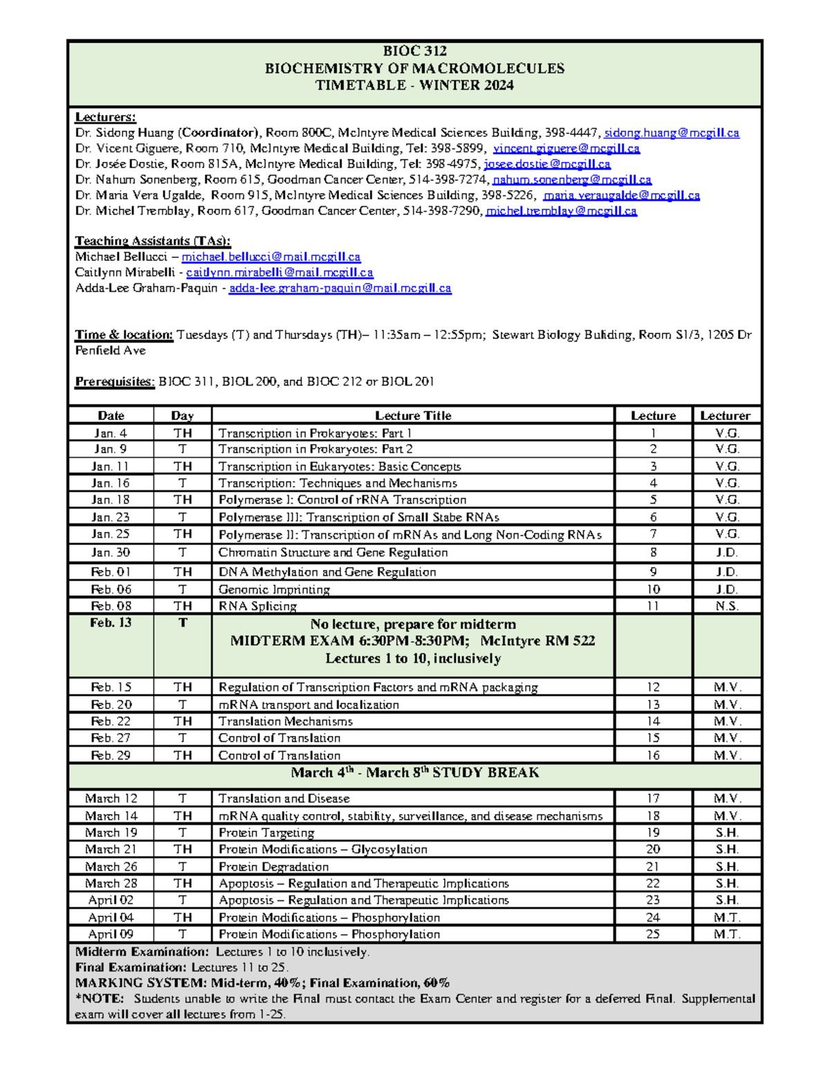 BIOC 312 Syllabus - BIOC 312 BIOCHEMISTRY OF MACROMOLECULES TIMETABLE ...
