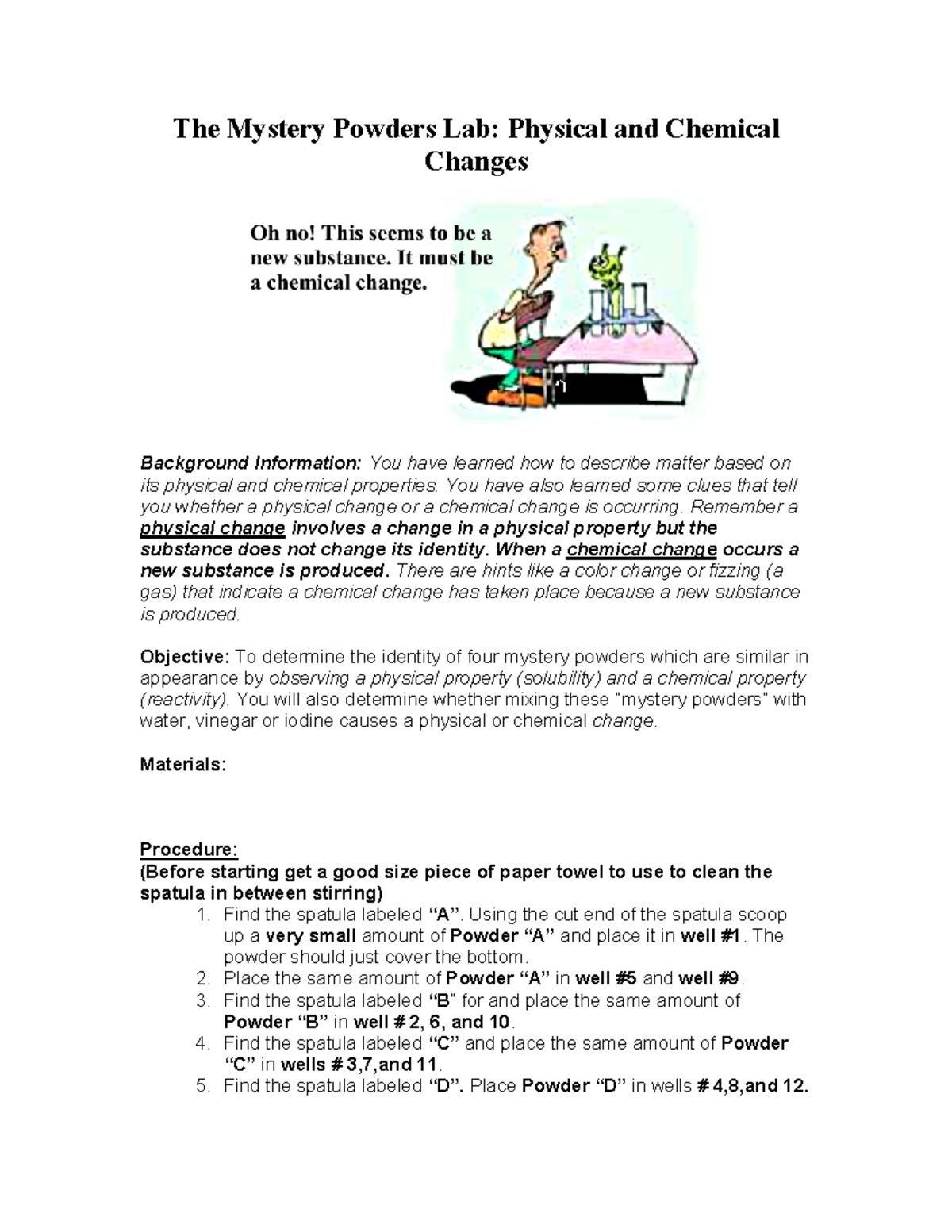Mystery Powders Lab- Chapter 1,2 -Chemical and Physical Changes ...