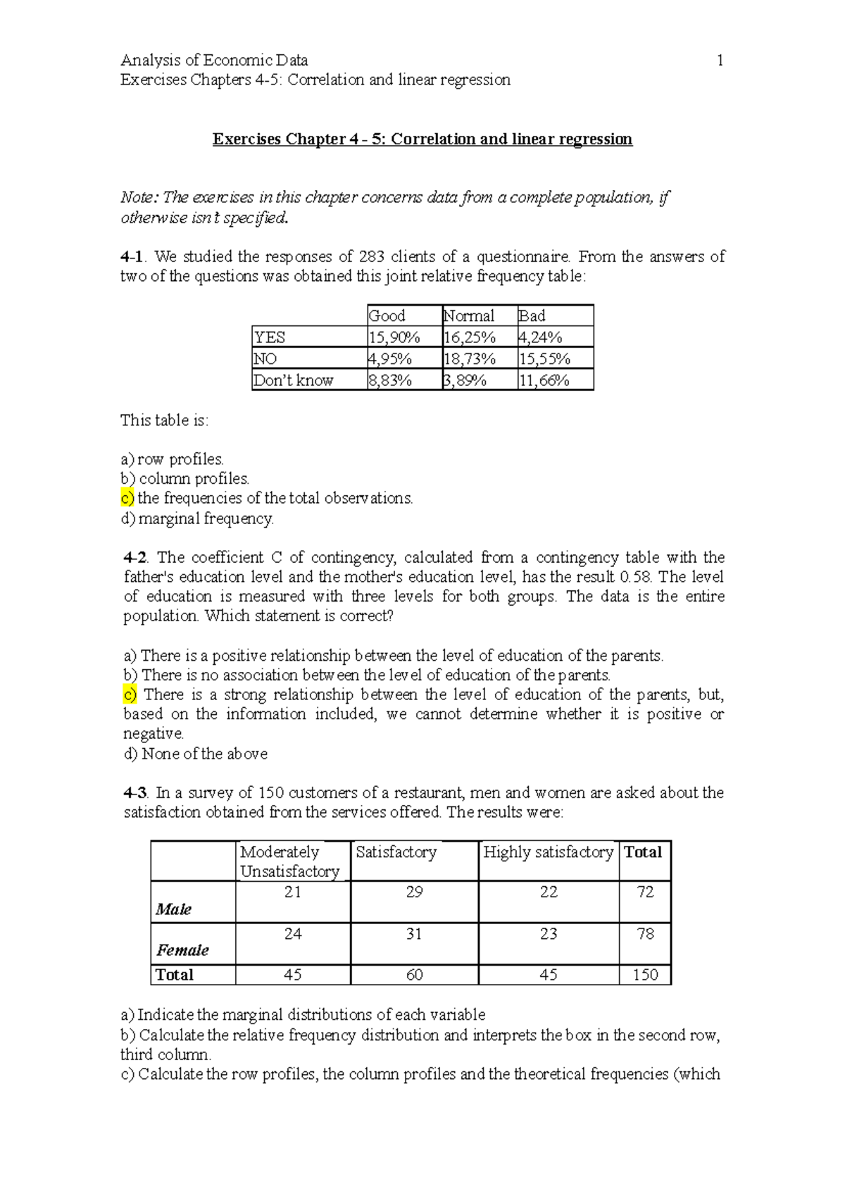 Ejercicios 4-5 eng - Exercises Chapters 4-5: Correlation and linear regression Exercises Chapter ...