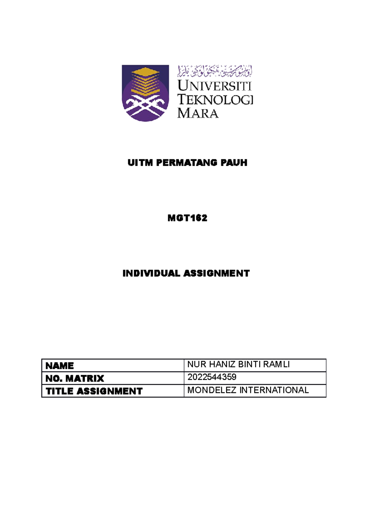 Mgt 162 ind ass - UITM PERMATANG PAUH MGT 162 INDIVIDUAL ASSIGNMENT ...