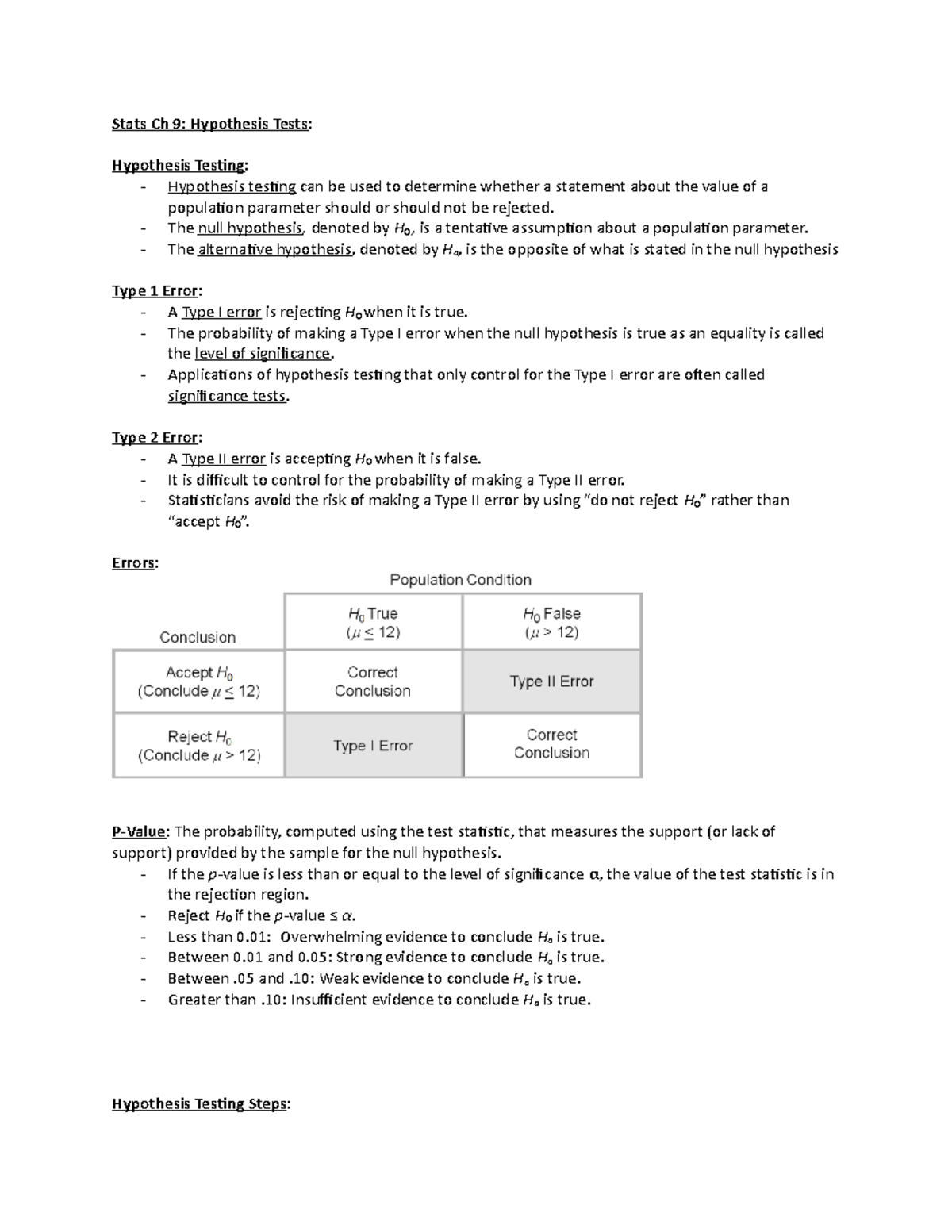 Business Stats Ch. 9 - Stats Ch 9: Hypothesis Tests: Hypothesis Testing ...