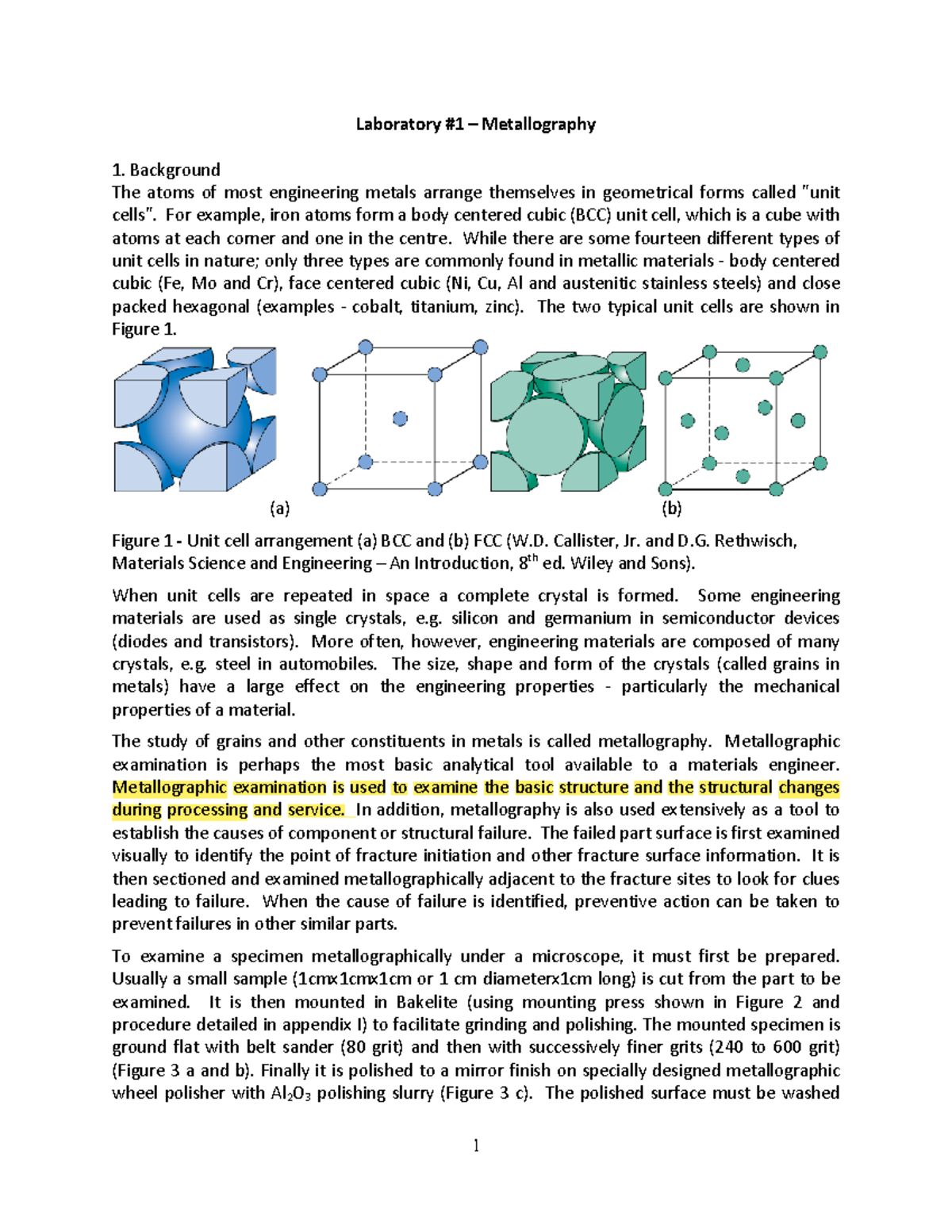 Laboratory 1: metallography; Procedure and Experiment - Laboratory #1 ...