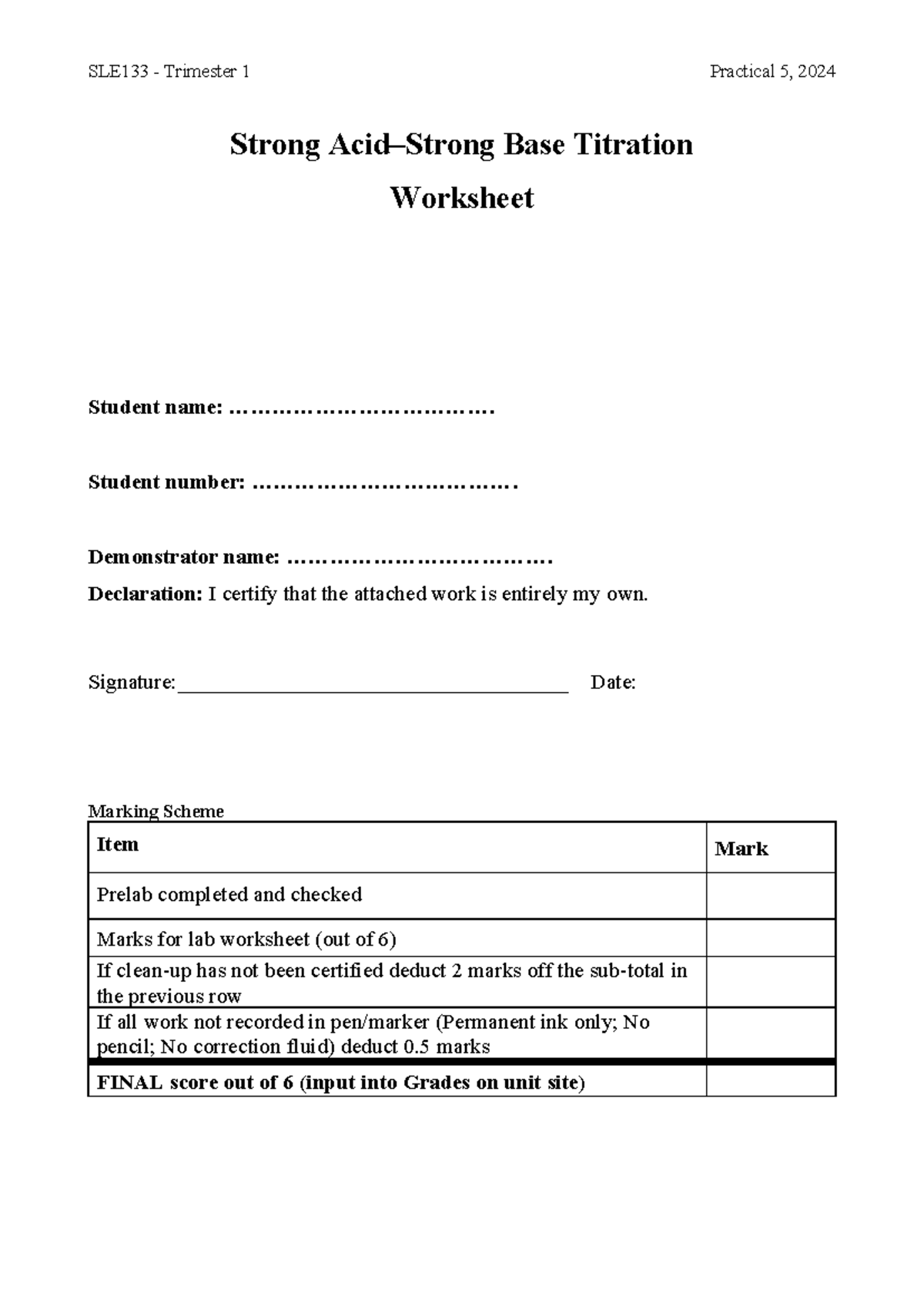 SLE133 P5 SS Titration Worksheet - Strong Acid–Strong Base Titration ...