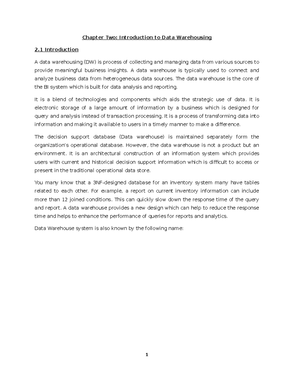 Chapter 2 Introduction to Data Warehousing - Chapter Two: Introduction ...