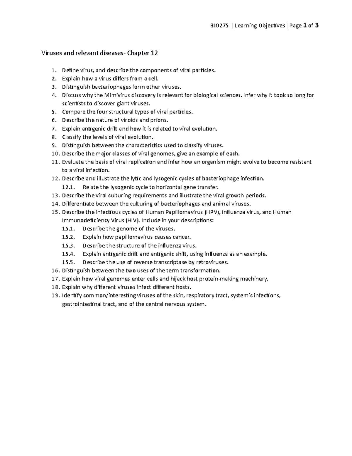 Learning objectives-Unit4 - BIO275 Learning Objectives 1 of 3 Viruses ...