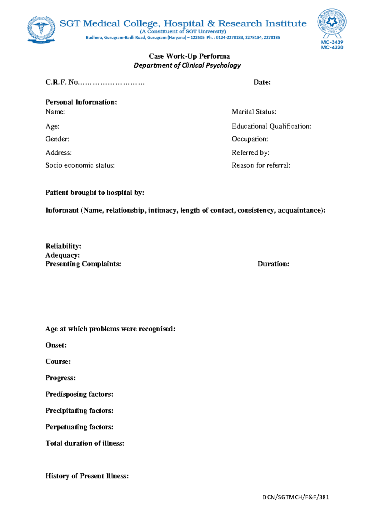 Child Case Performa final - Case Work-Up Performa Department of ...