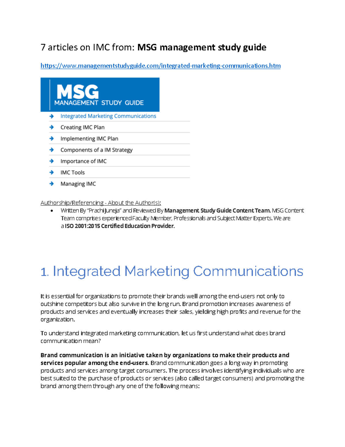 7 articles on IMC from 7 articles on IMC from MSG management study ...