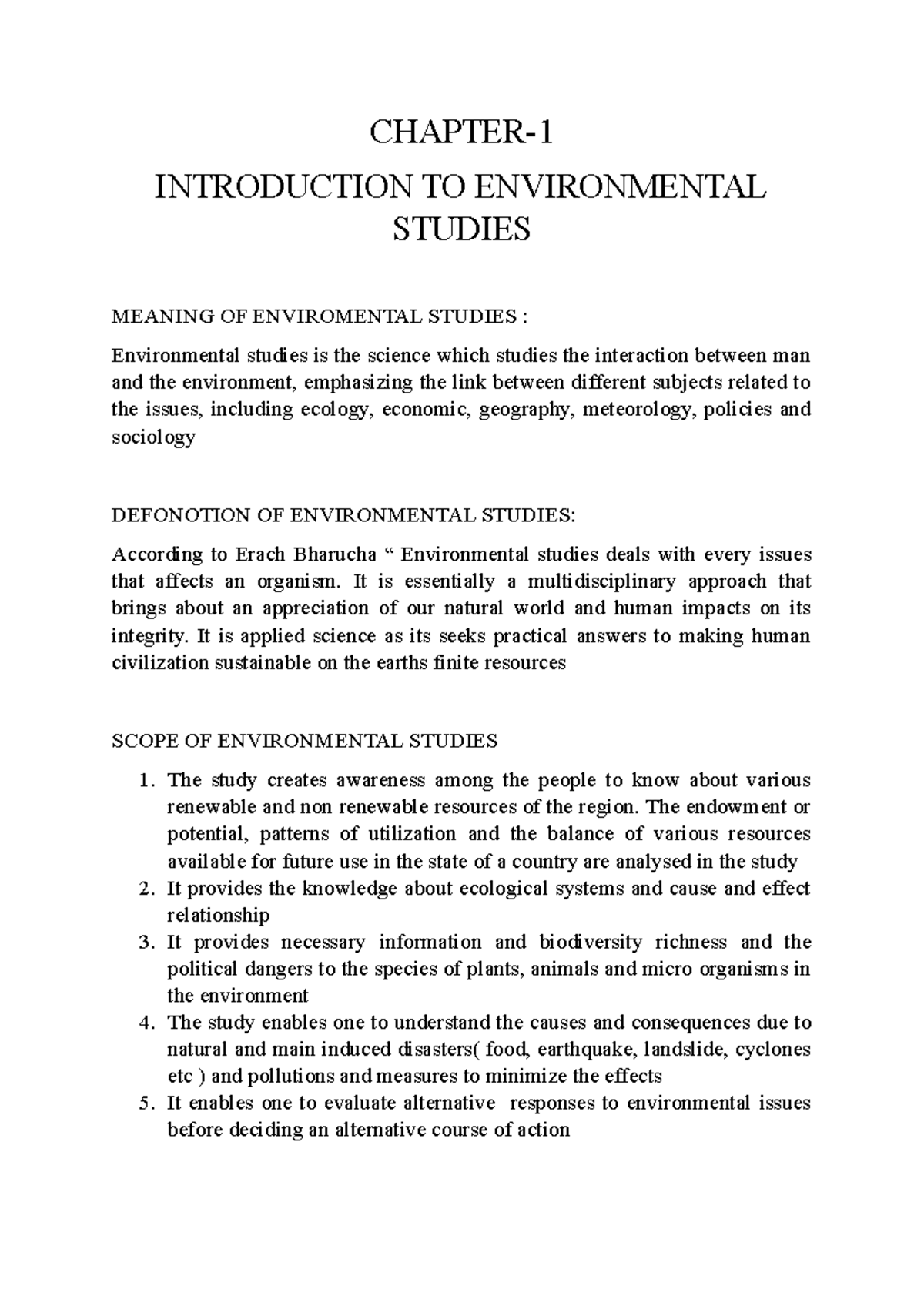 EVS Chapter 1 &2 Notes - CHAPTER- INTRODUCTION TO ENVIRONMENTAL STUDIES ...