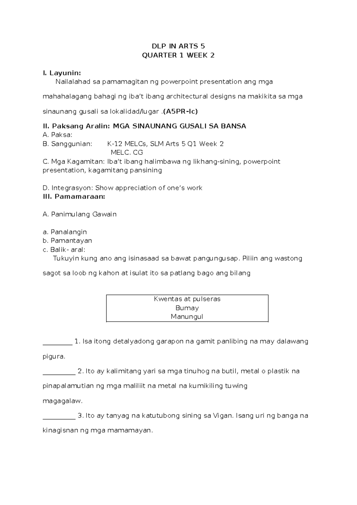 Arts 5 - Quarter 1 - Week 2 - Objective 3 - DLP IN ARTS 5 QUARTER 1 ...