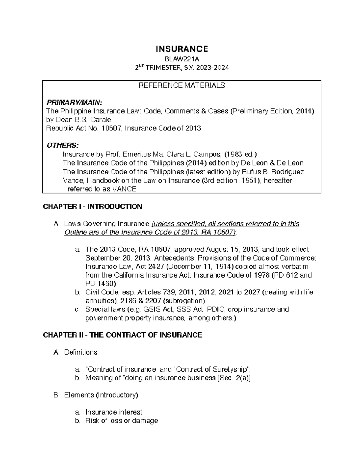 Insurance- Syllabus - law - INSURANCE BLAW221A 2 ND TRIMESTER, S. 2023 ...